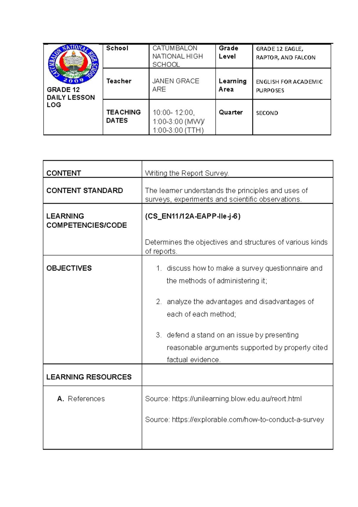 Grade 12 Lesson 3 - GRADE 12 DAILY LESSON LOG School CATUMBALON ...