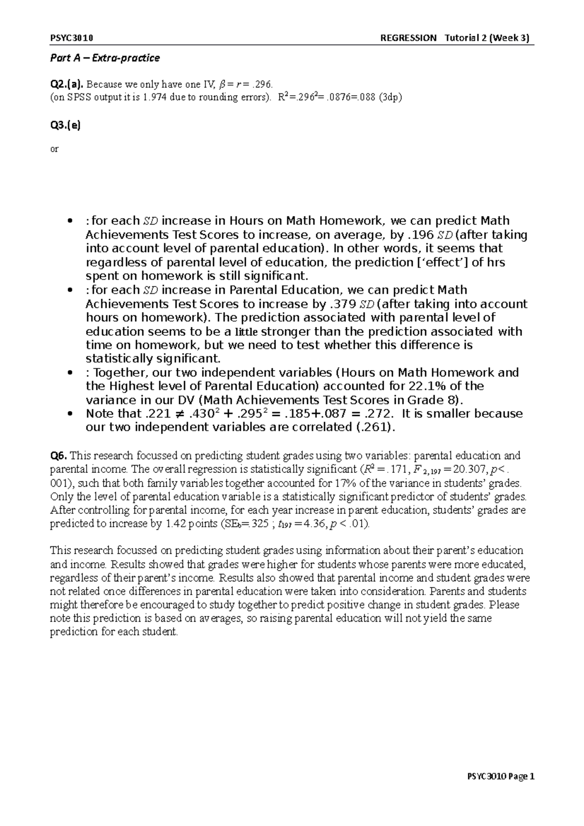 P3010 T02 - Answers - PSYC3010 REGRESSION Tutorial 2 (Week 3) Part A ...