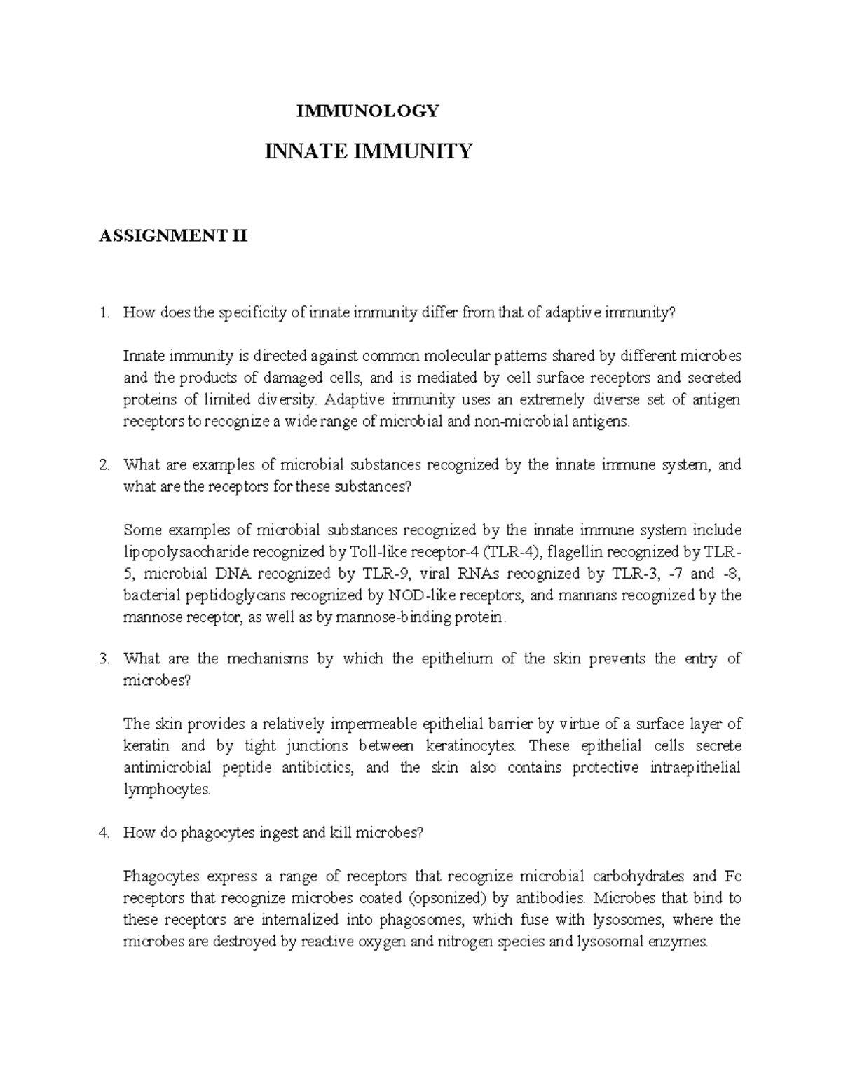 Immunology - Assignment II - IMMUNOLOGY INNATE IMMUNITY ASSIGNMENT II ...