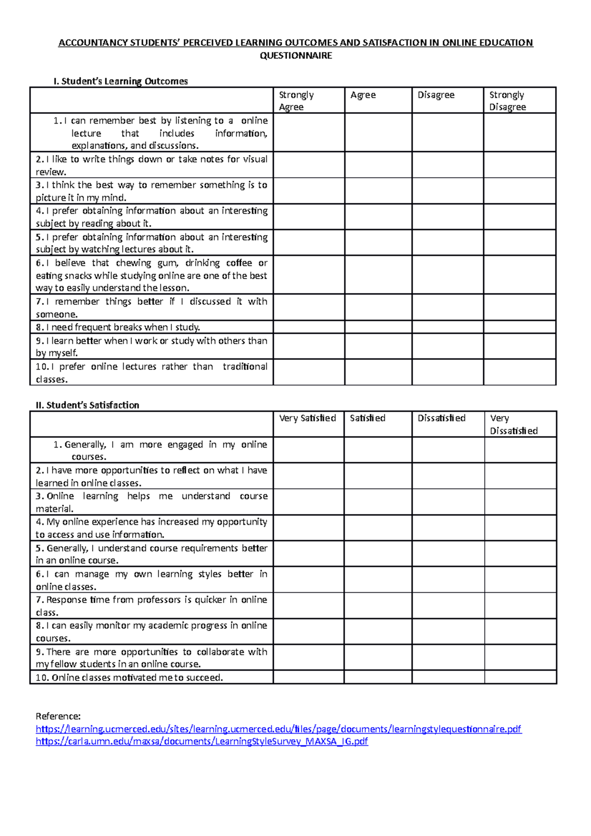 Questionnaire - ACCOUNTANCY STUDENTS’ PERCEIVED LEARNING OUTCOMES AND ...