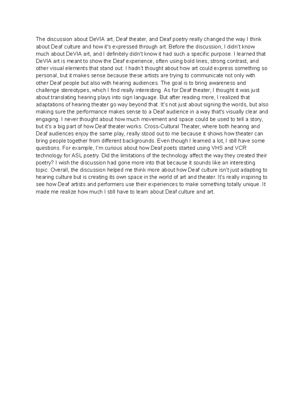 module 6 reflection - The discussion about DeVIA art, Deaf theater, and ...