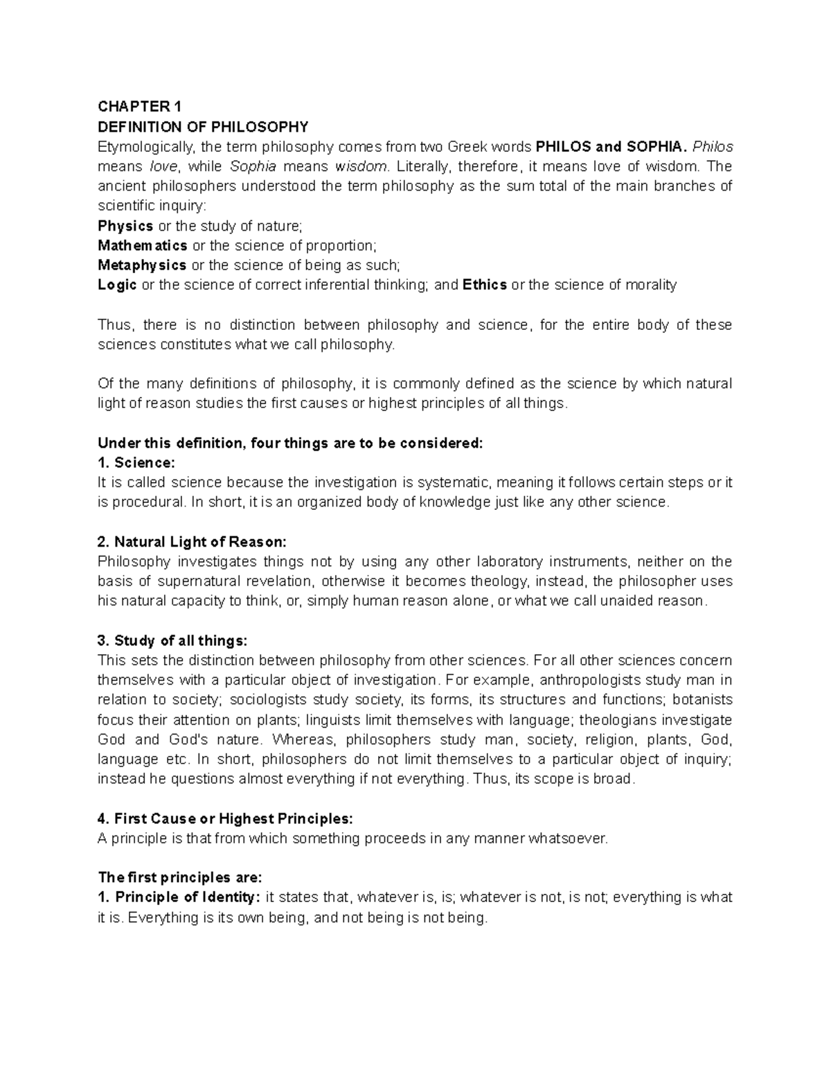 Logic- Chapter-1 - ACTIVITY 1 - CHAPTER 1 DEFINITION OF PHILOSOPHY Etymologically, the term ...