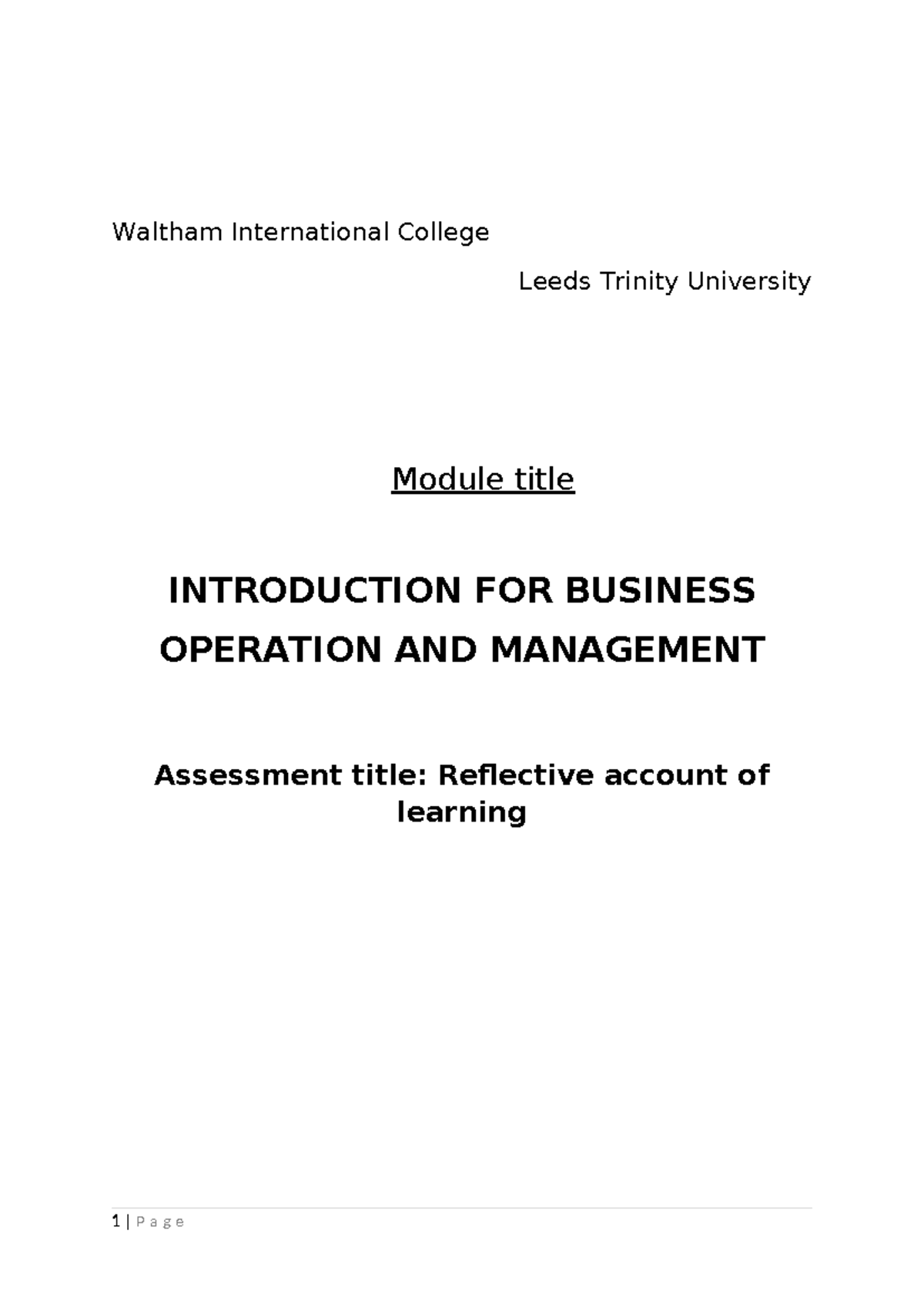 Assignmet 2 sem Reflection - Waltham International College Leeds ...