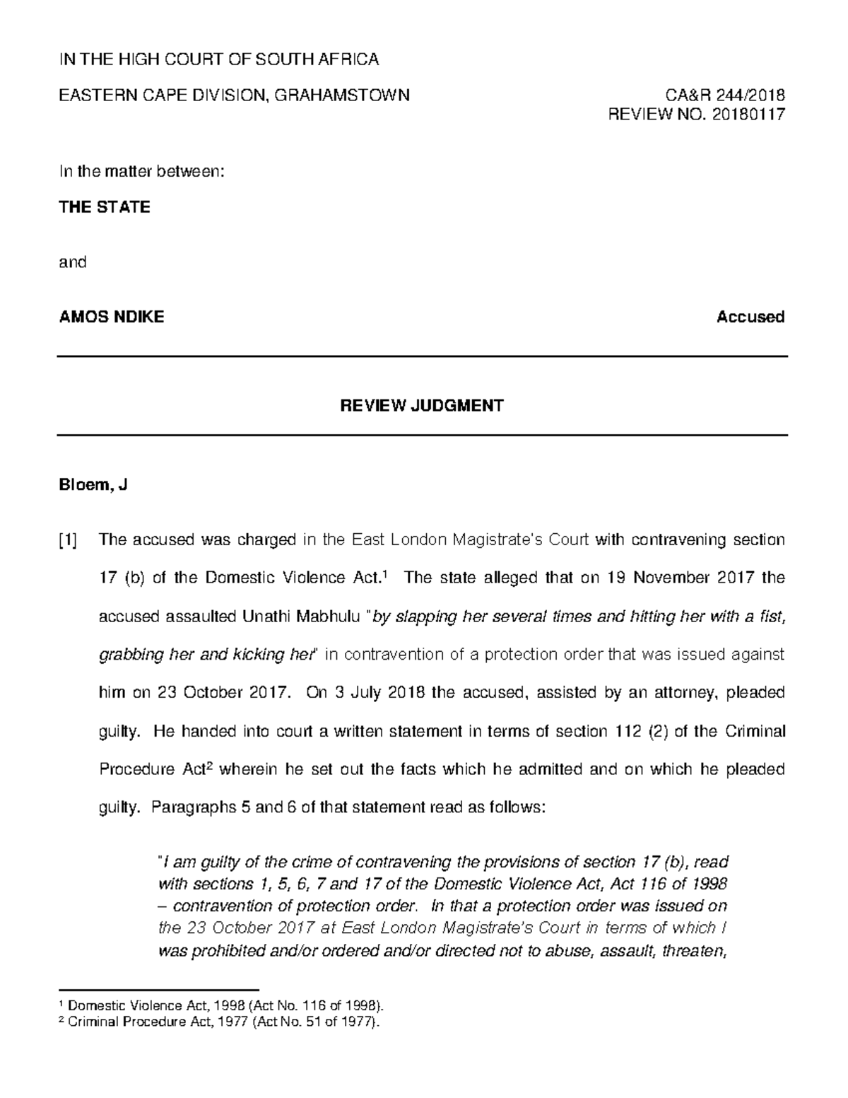 Breach of protection order case law S v Amos Ndike - IN THE HIGH COURT ...