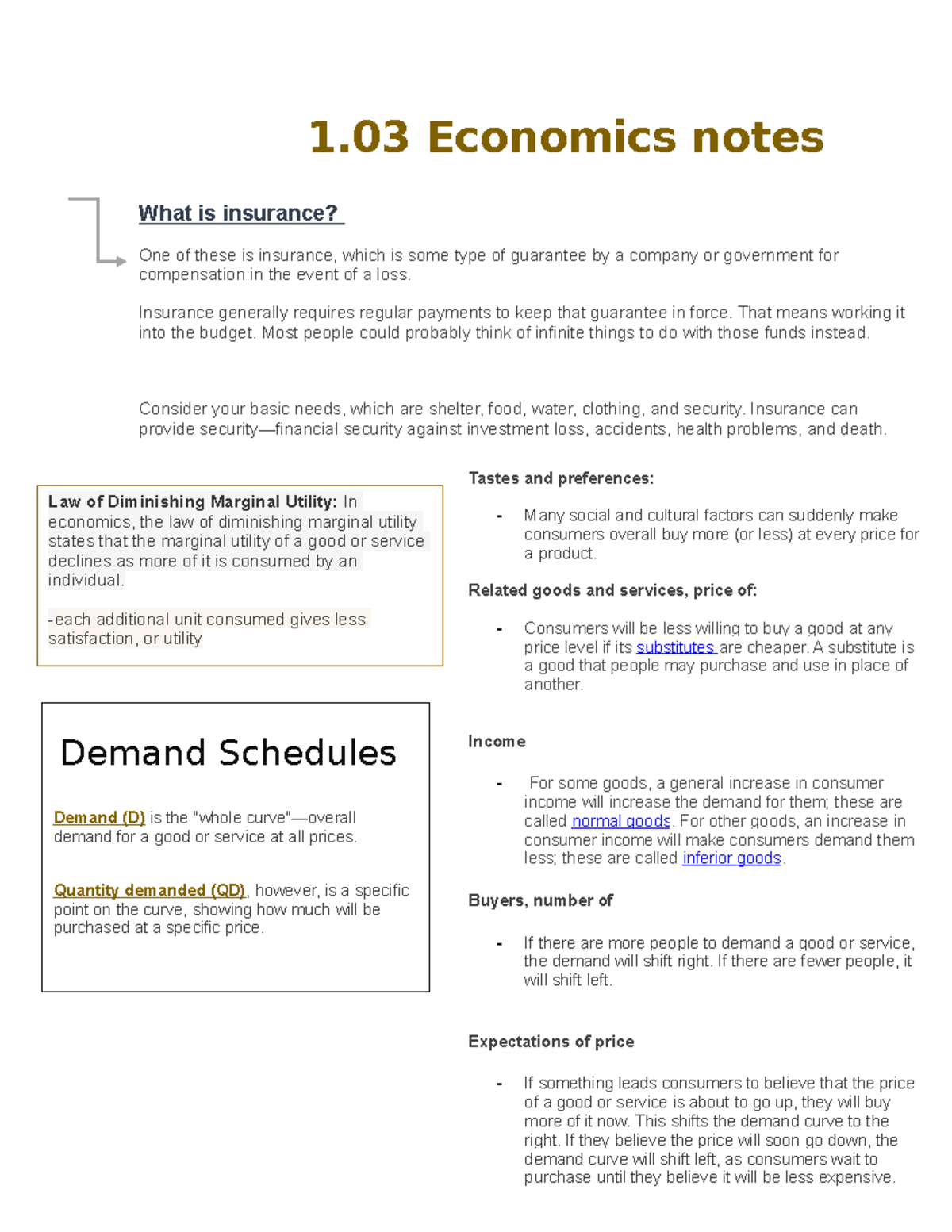 Economics 1.03 notes - 1 Economics notes What is insurance? One of ...