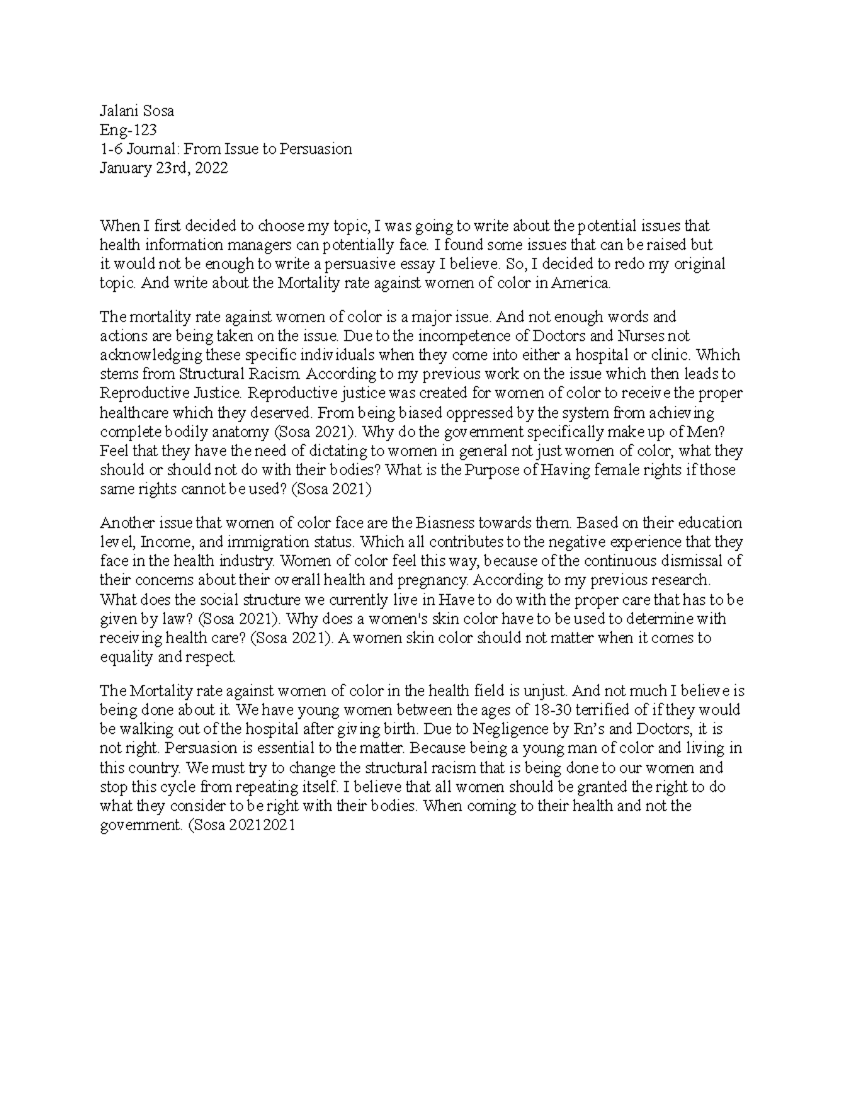 1=6 Jornal assignment from issue to persuasion - Jalani Sosa Eng- 1-6 ...