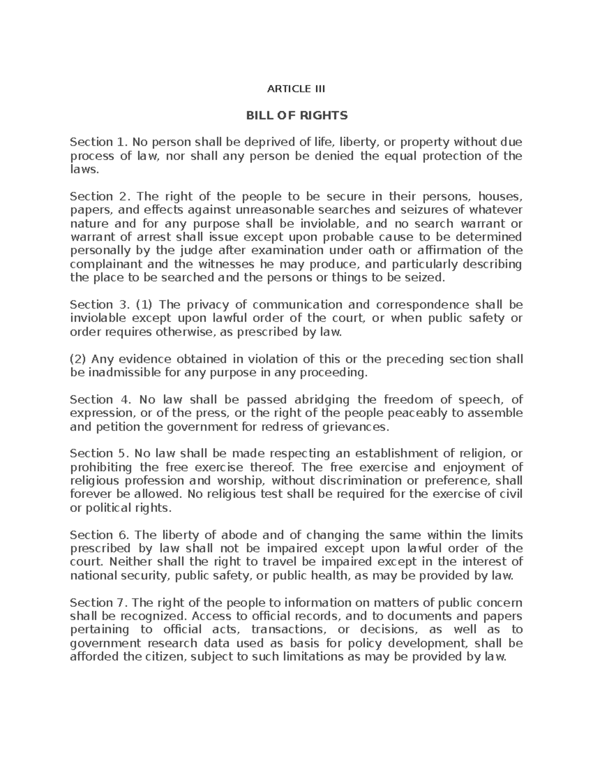 Article III - it is about laws - ARTICLE III BILL OF RIGHTS Section 1 ...