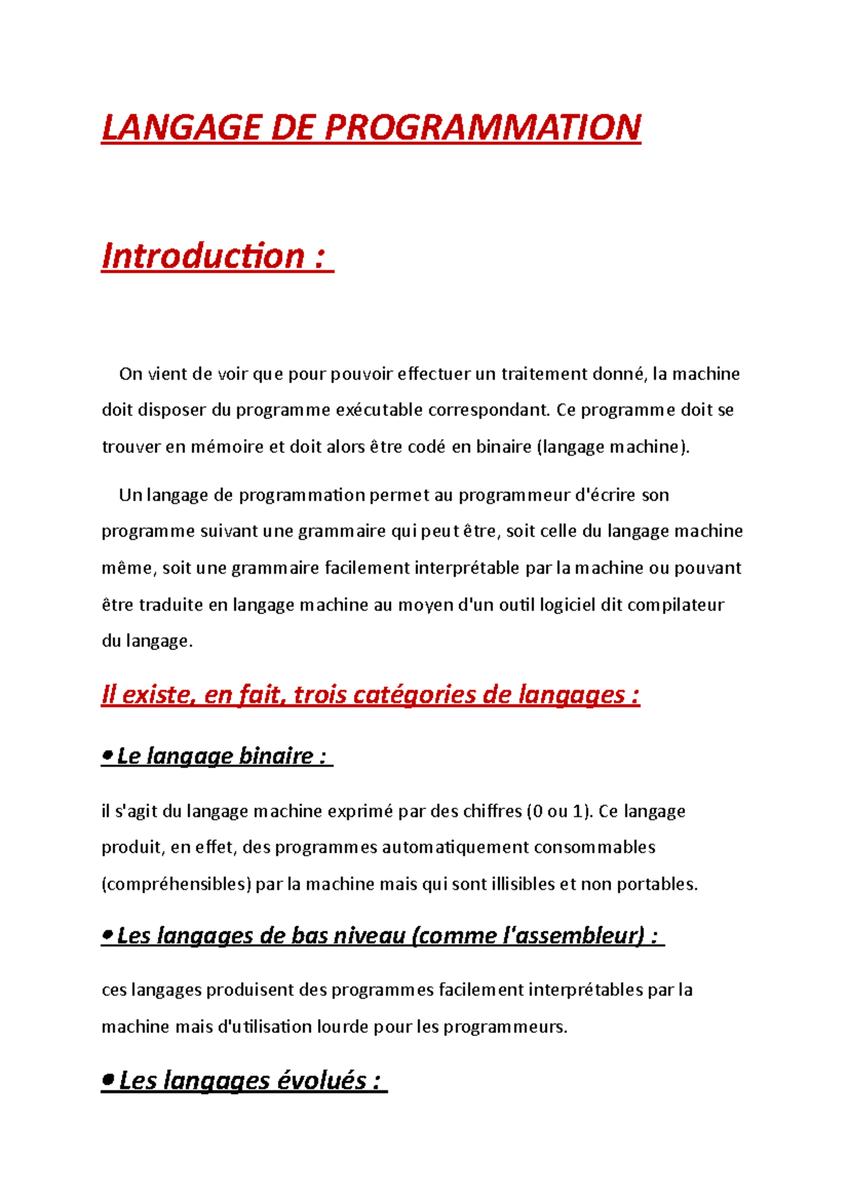 Langage DE Programmation - LANGAGE DE PROGRAMMATION Introduction : On ...