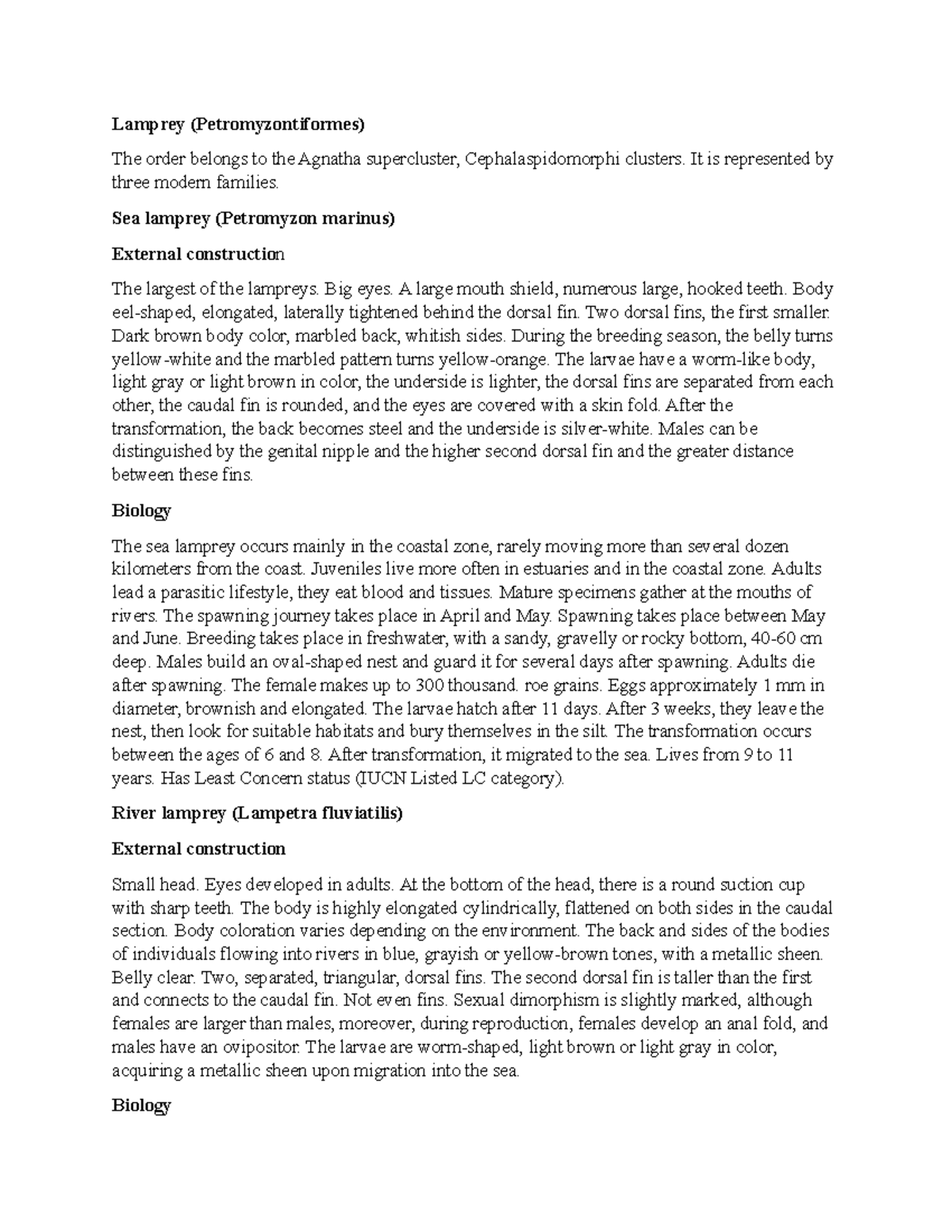 Phylum Agnatha - Lecture notes 2 - Lamprey (Petromyzontiformes) The ...
