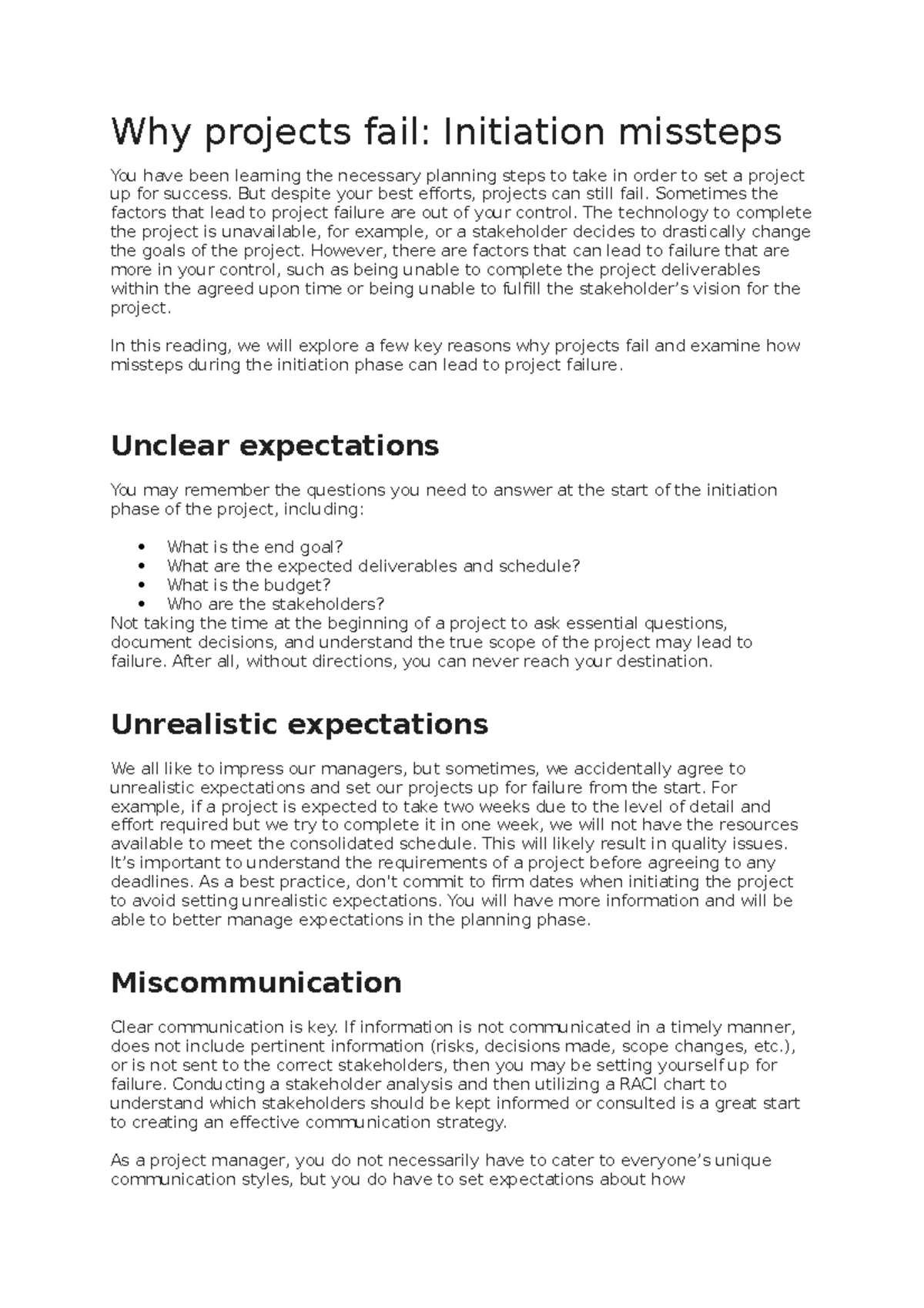 Why projects fail - Project charters - Why projects fail: Initiation ...