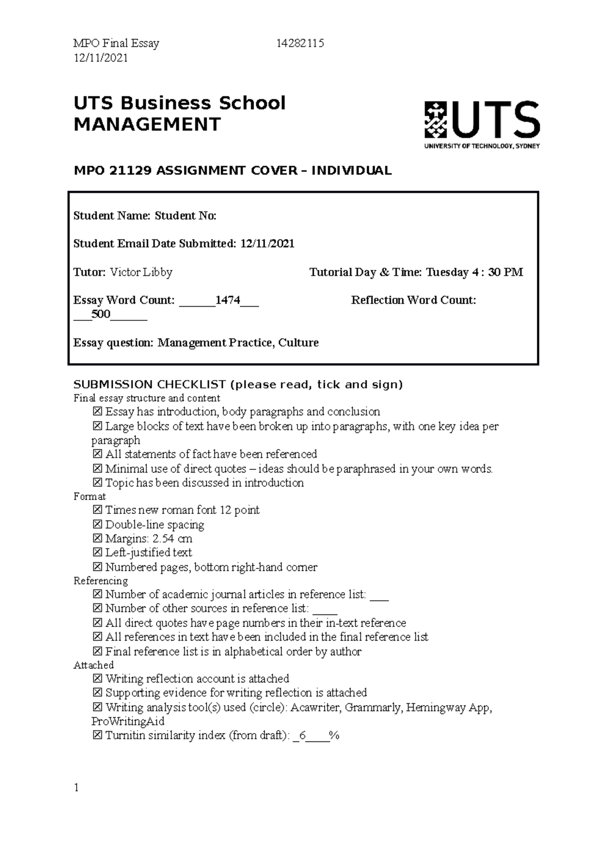MPO Final - D grade - UTS Business School MANAGEMENT MPO 21129 ASSIGNMENT COVER – INDIVIDUAL ...
