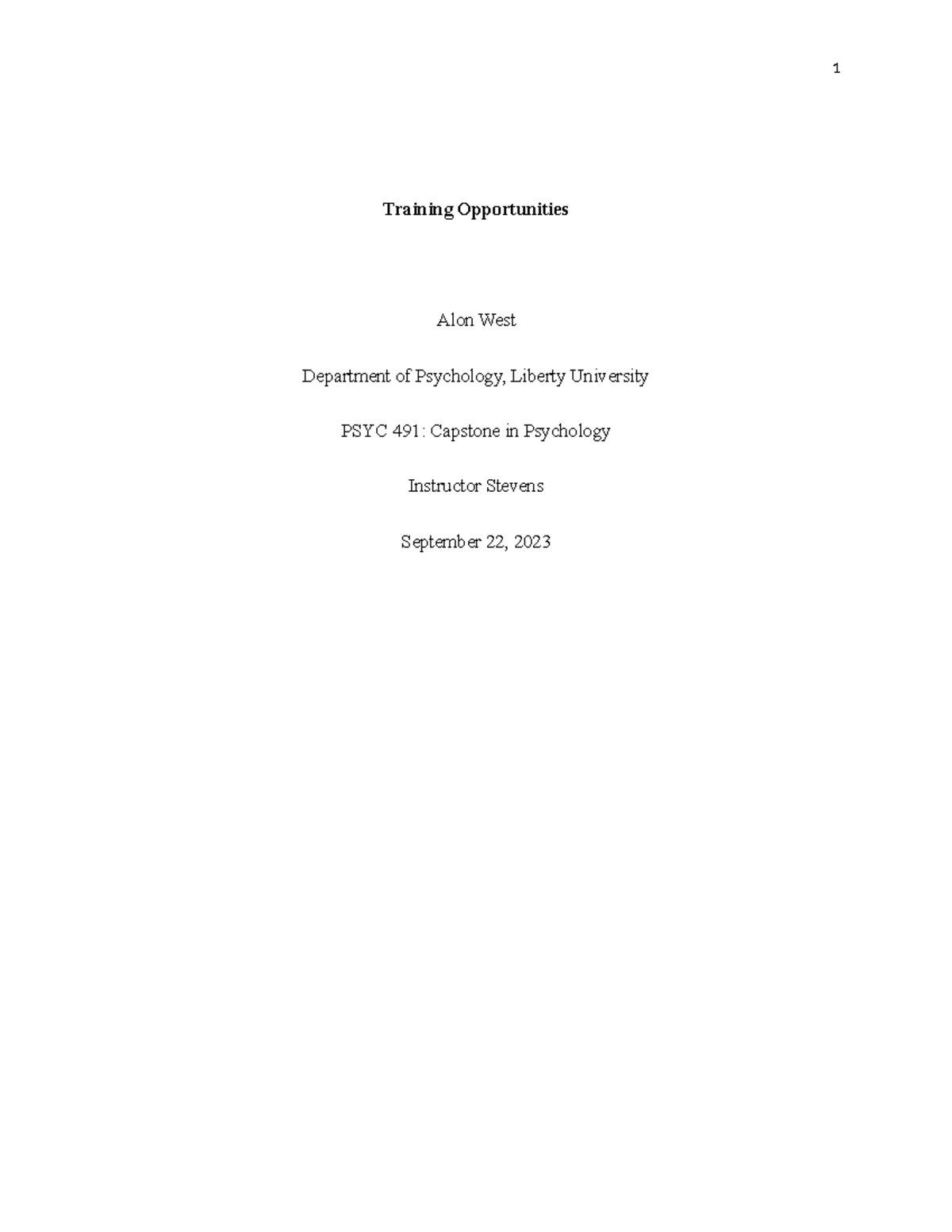 PSYC 491 Training Opportunity Paper - Training Opportunities Alon West Department of Psychology ...