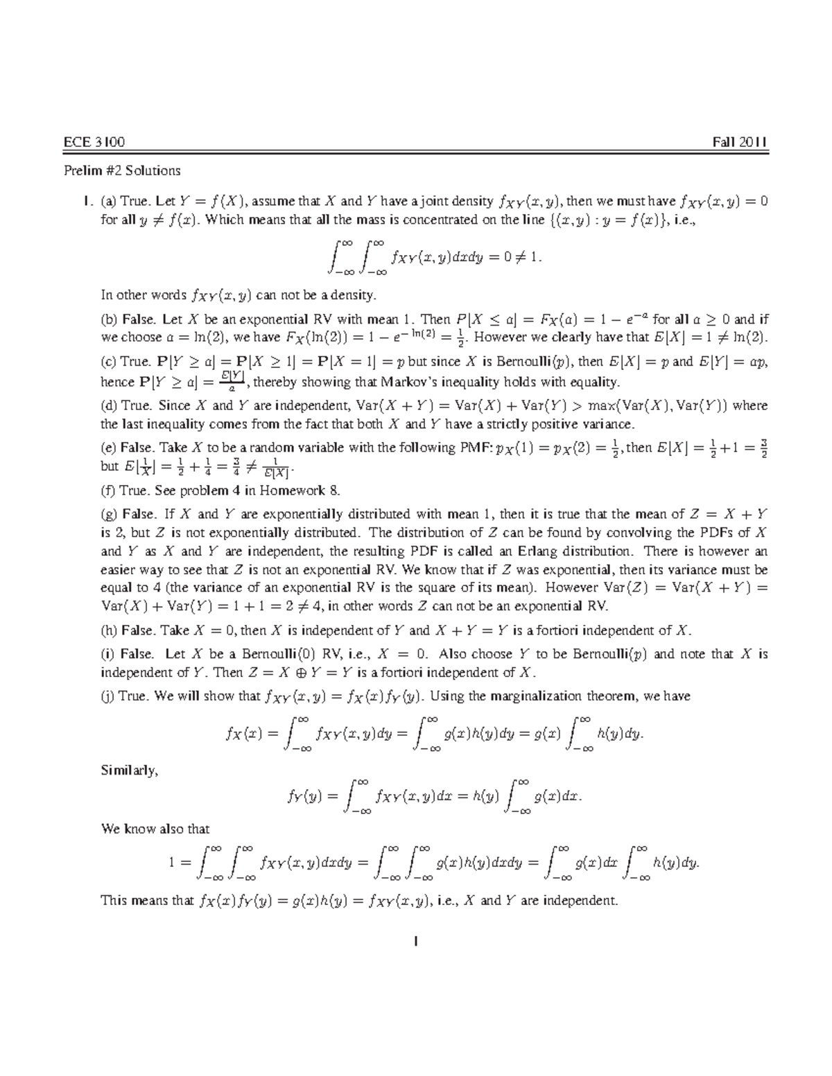 Prelim 2-f11-sol - ECE 3100 Fall 2011 Prelim #2 Solutions (a) True. Let Y = f (X), assume that X ...