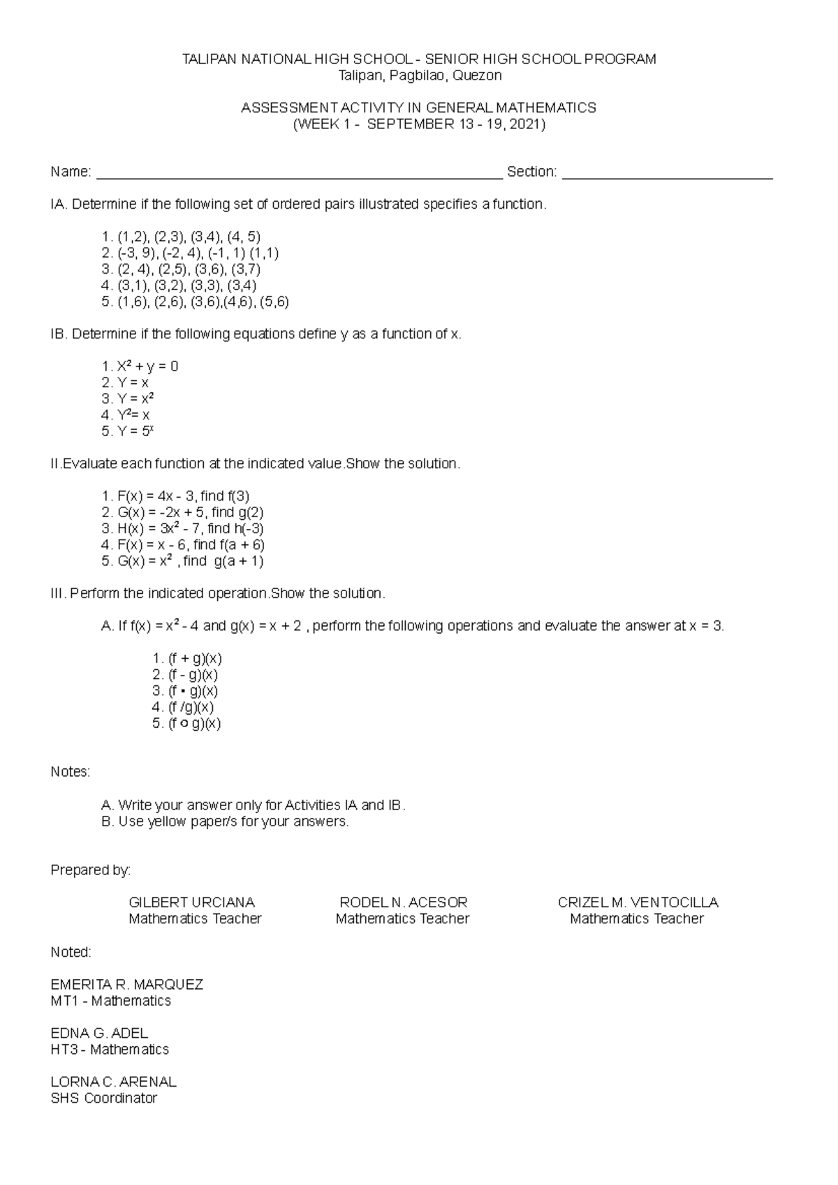 Gen Math Week 1 Assessment for Grade-11 ABM - TALIPAN NATIONAL HIGH ...