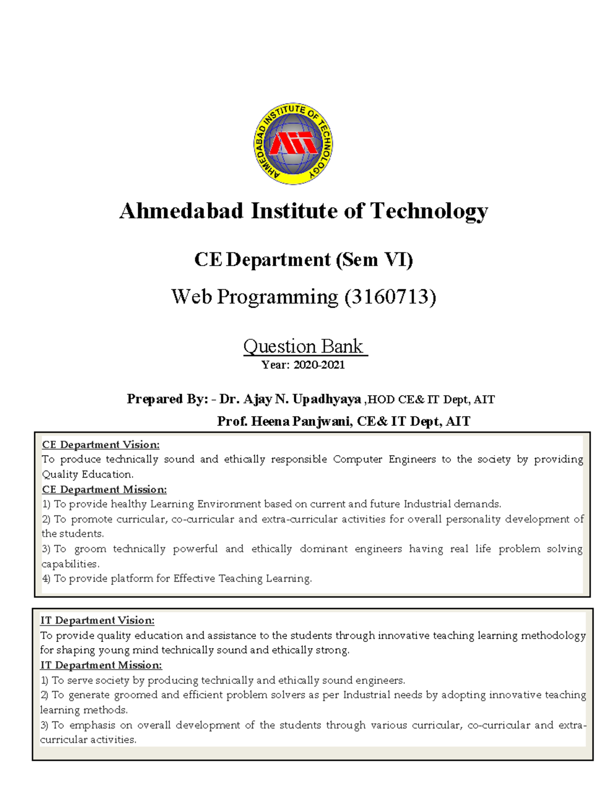 6. Question bank WP - Ahmedabad Institute of Technology CE Department ...