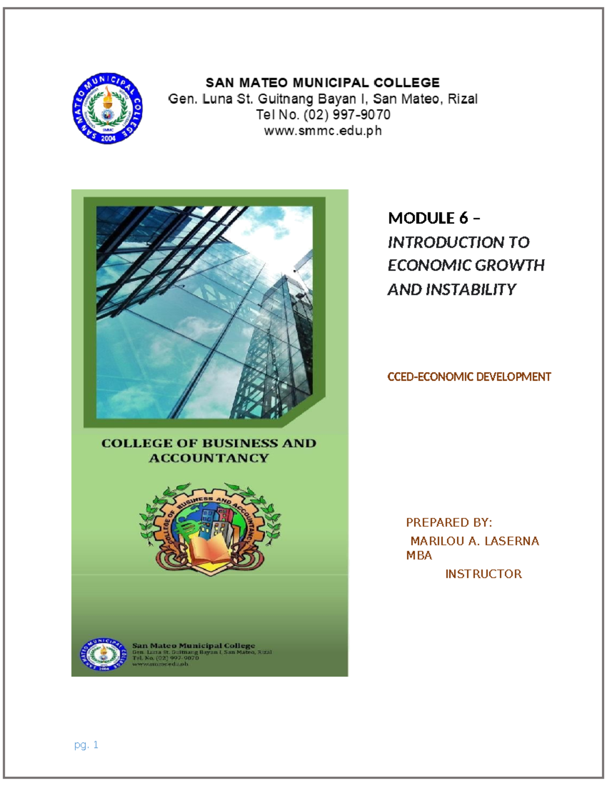 ECO.DEV. Module 6 - Introduction TO Economic Growth AND Instability - MODULE 6 – INTRODUCTION TO ...