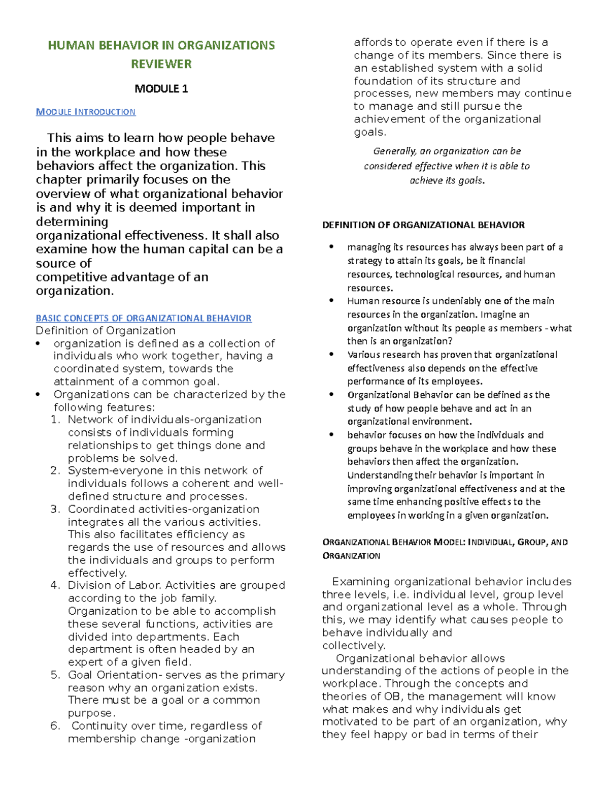 HBO Reviewer - it helps - HUMAN BEHAVIOR IN ORGANIZATIONS REVIEWER MODULE 1 MODULE INTRODUCTION ...