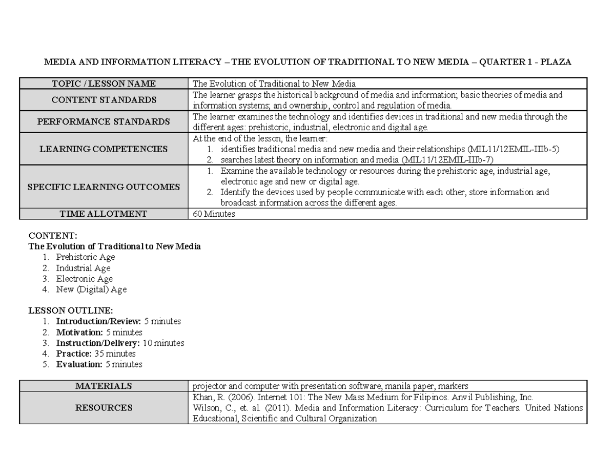 08 media and information literacy - TOPIC / LESSON NAME The Evolution ...