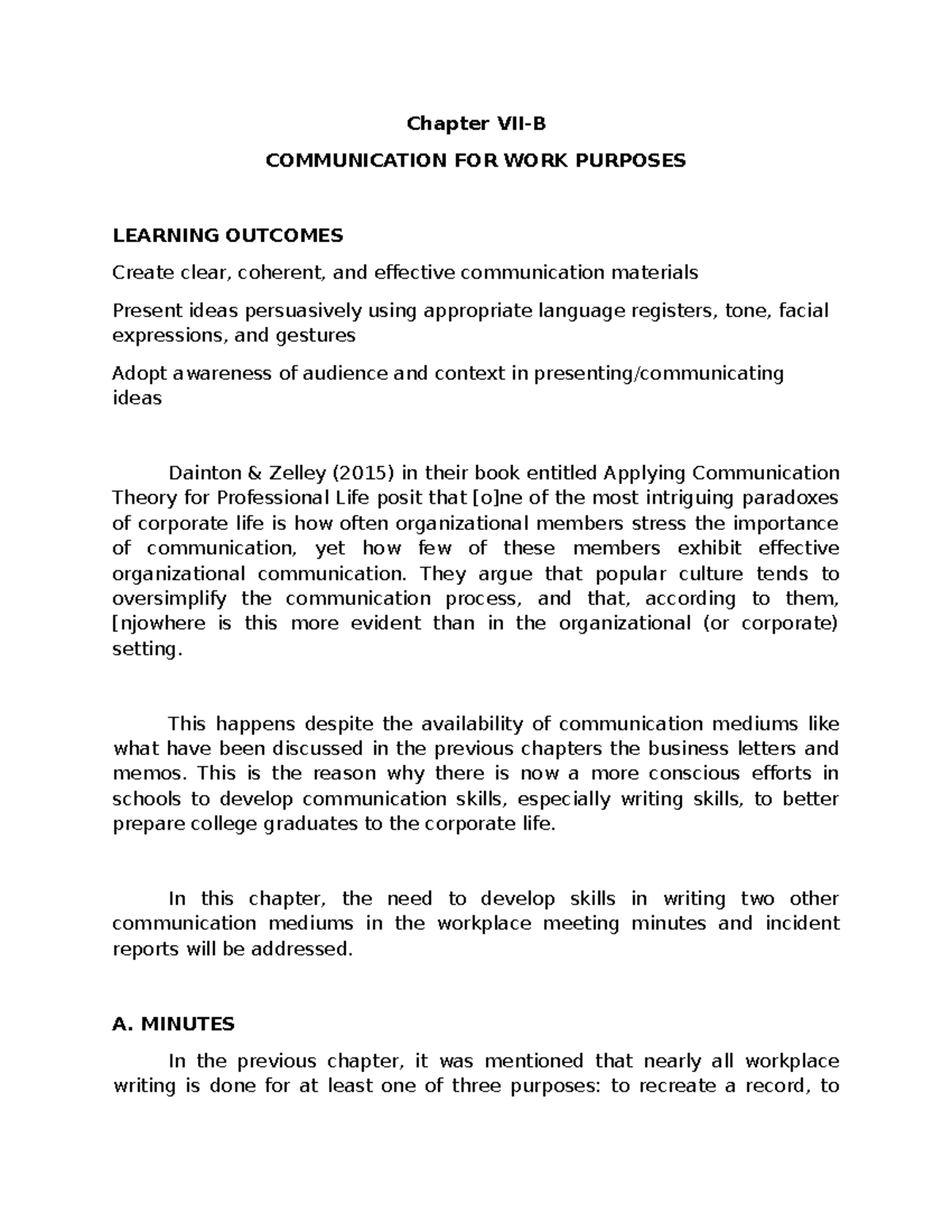 Chapter VII - B and Chapter VIII - Chapter VII-B COMMUNICATION FOR WORK ...