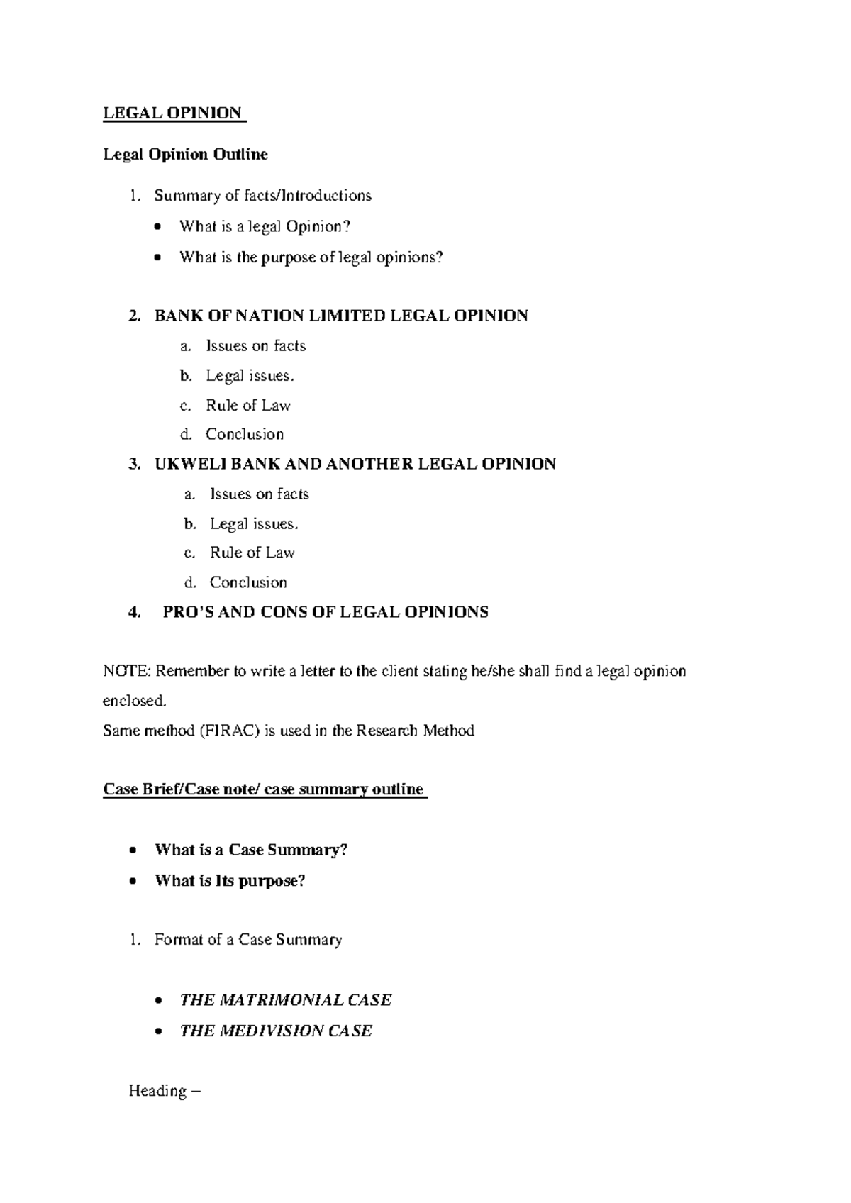 Outline Legal Opinion - Summary Introduction to Law - LEGAL OPINION ...