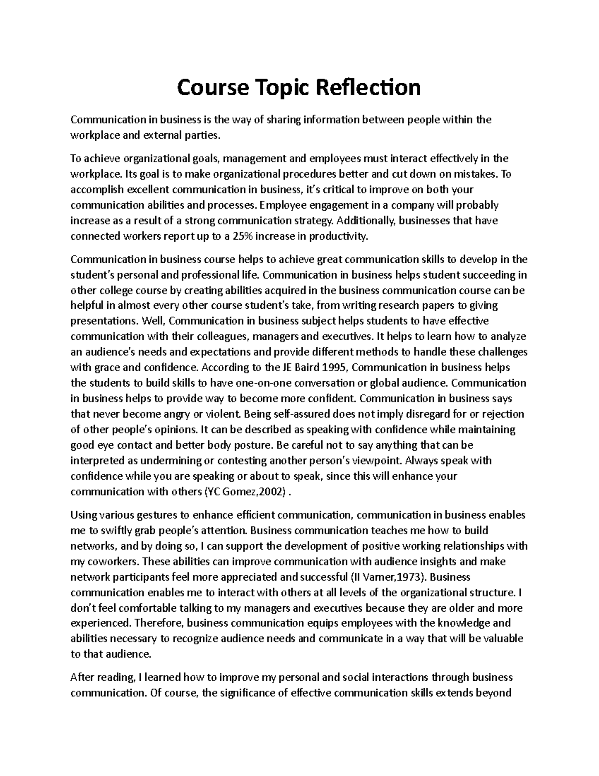 Course Topic Reflection - Course Topic Reflection Communication in ...