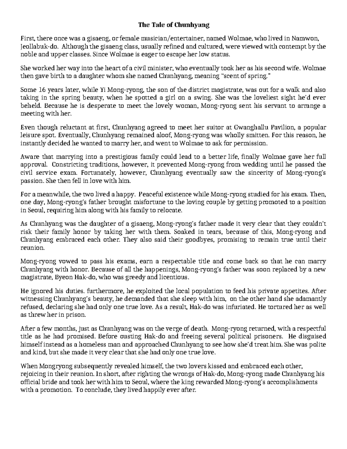 The Tale of Chunhyang - story - The Tale of Chunhyang First, there once ...