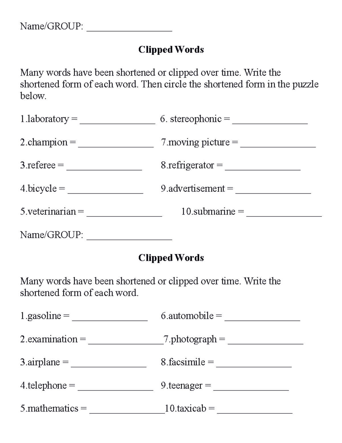 Clipped wors acticities - Name/GROUP: _________________ Clipped Words ...