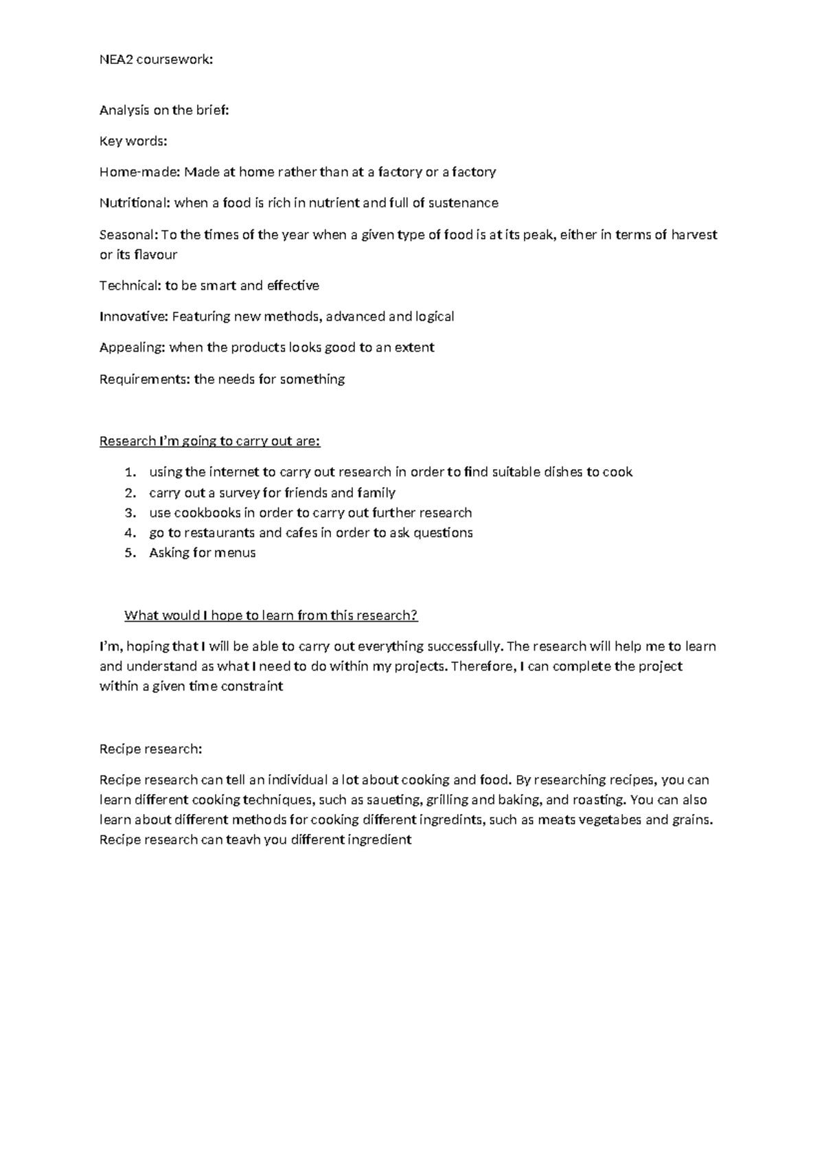 NEA2 cooking coursework - NEA2 coursework: Analysis on the brief: Key ...