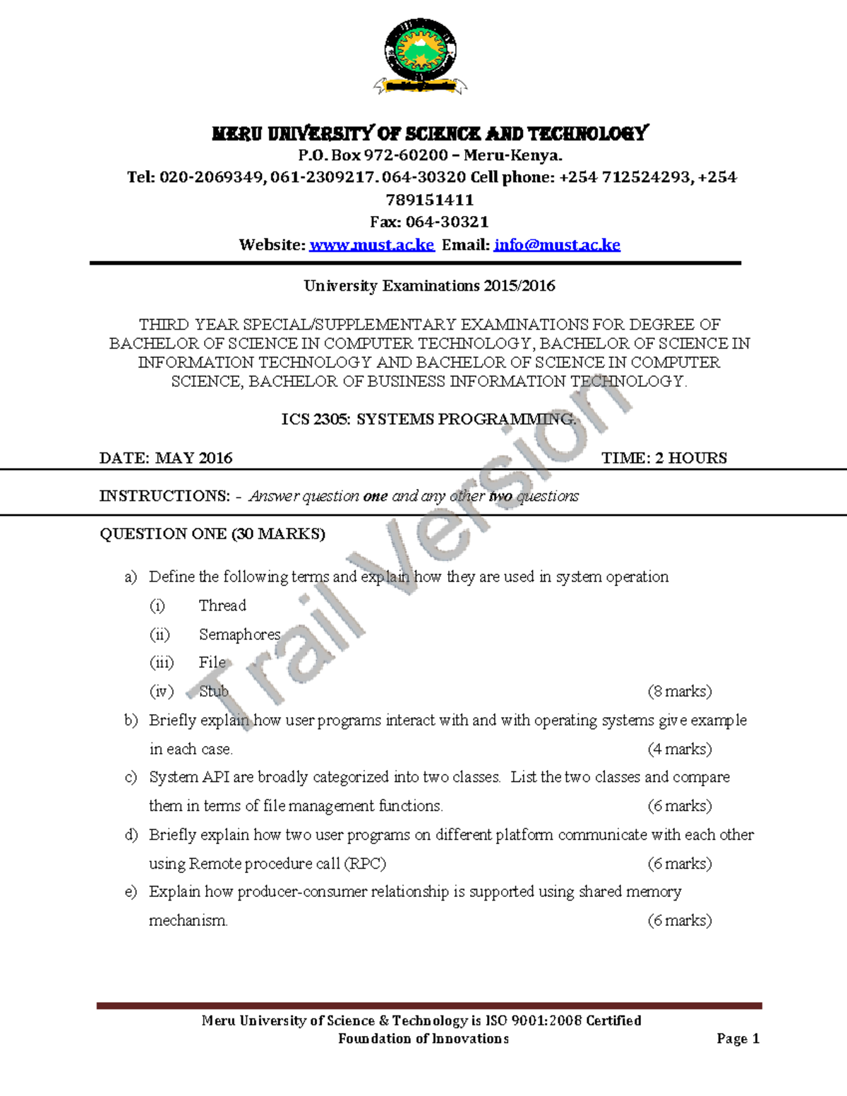 ICS 2305 Systems Programming - Meru University of Science & Technology is ISO 9001:2008 - Studocu