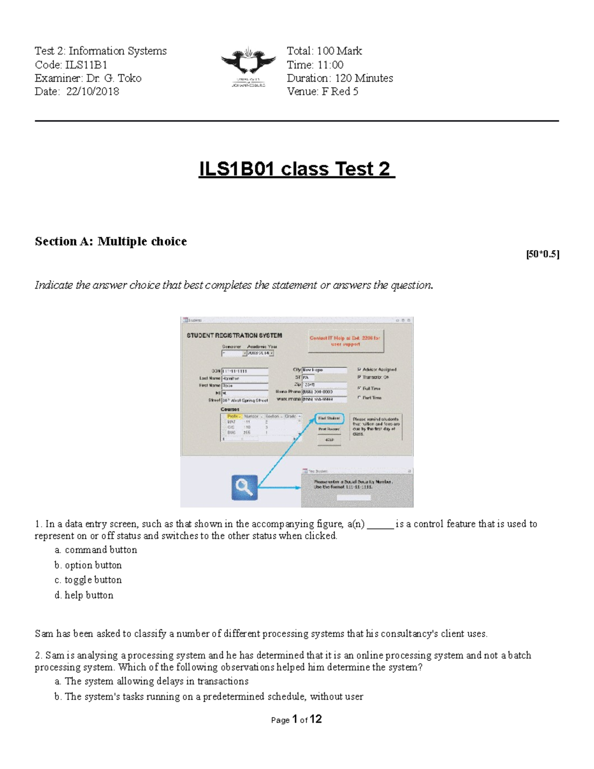 2018 Test 2 - Past exam paper for practice contains the first 5 topics ...