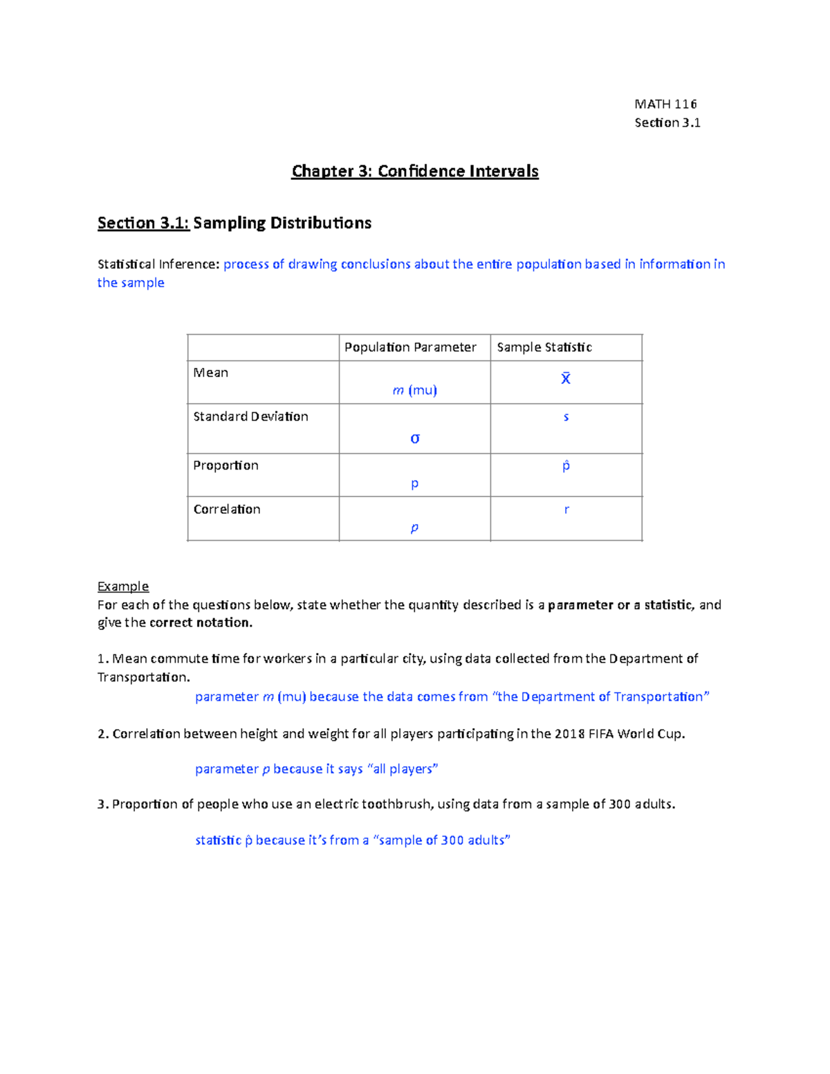 Math 116: Section 3.1 Notes - MATH 116 Secon 3. Chapter 3: Conûdence ...