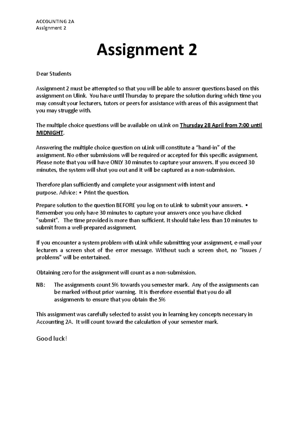 Acc2A Assignment 2 2022 Question - ACCOUNTING 2A Assignment 2 ...
