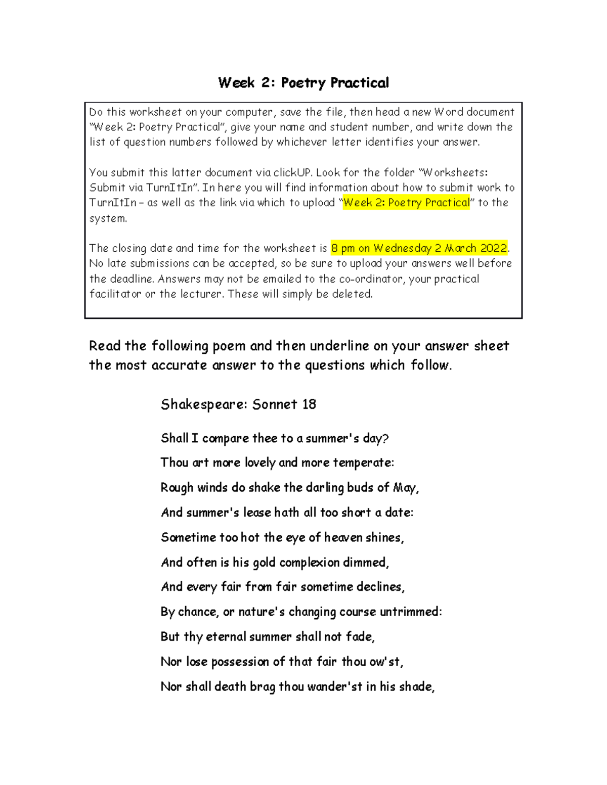 Week 2 - Poetry- Sonnet 18 - Week 2: Poetry Practical Do this worksheet ...