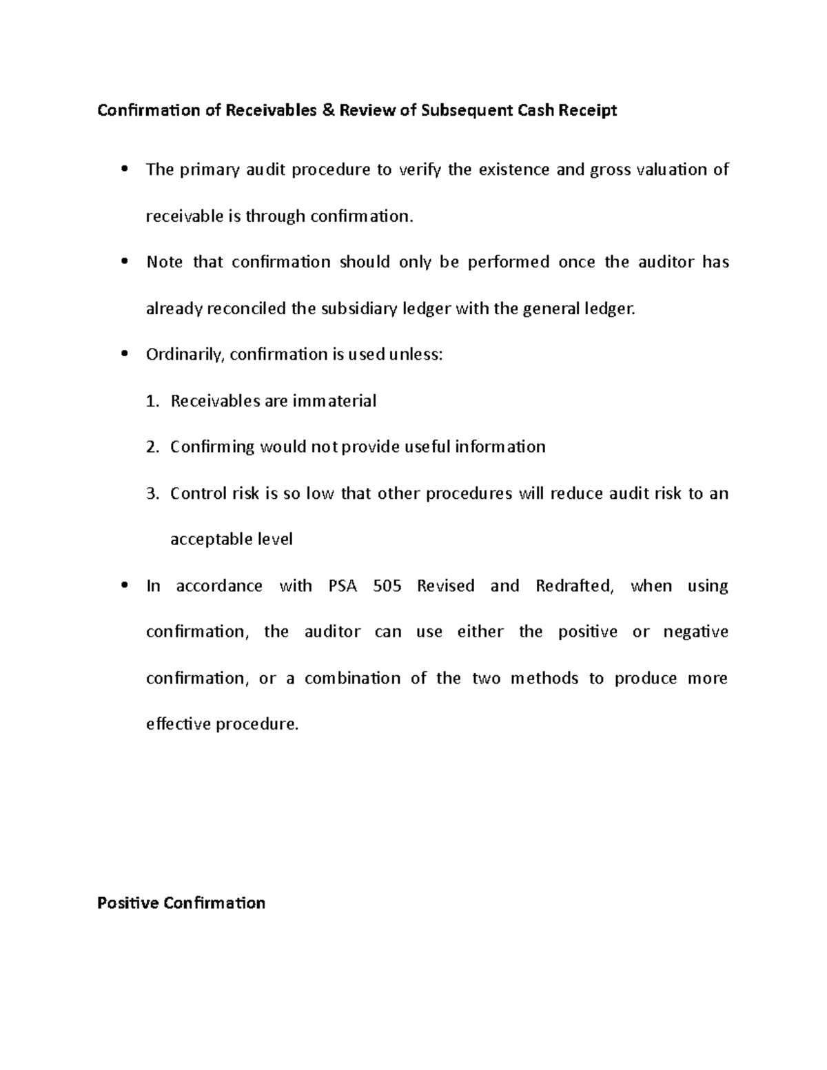 Confirmation of Receivables and Review of Subsequent Cash Receipt ...