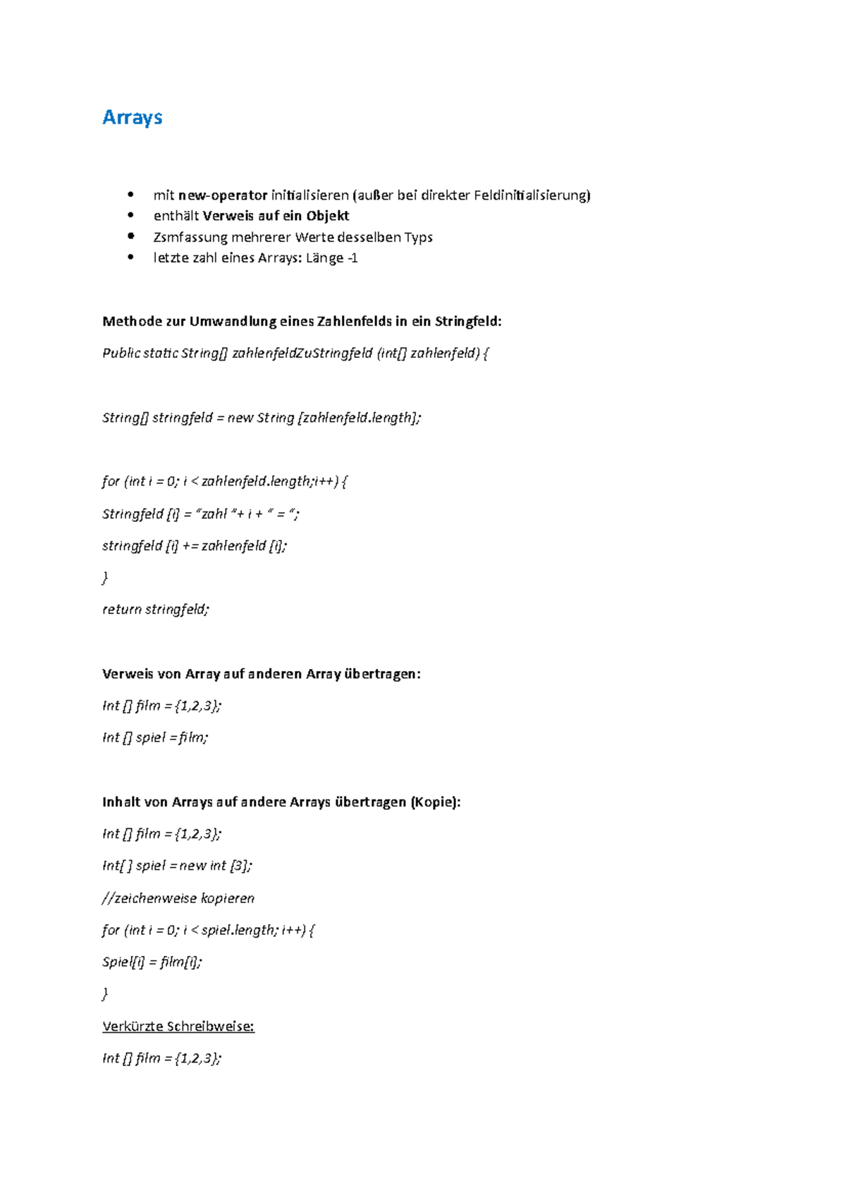 Arrays,Felder Zusammenfassung - Arrays mit new-operator initialisieren ...
