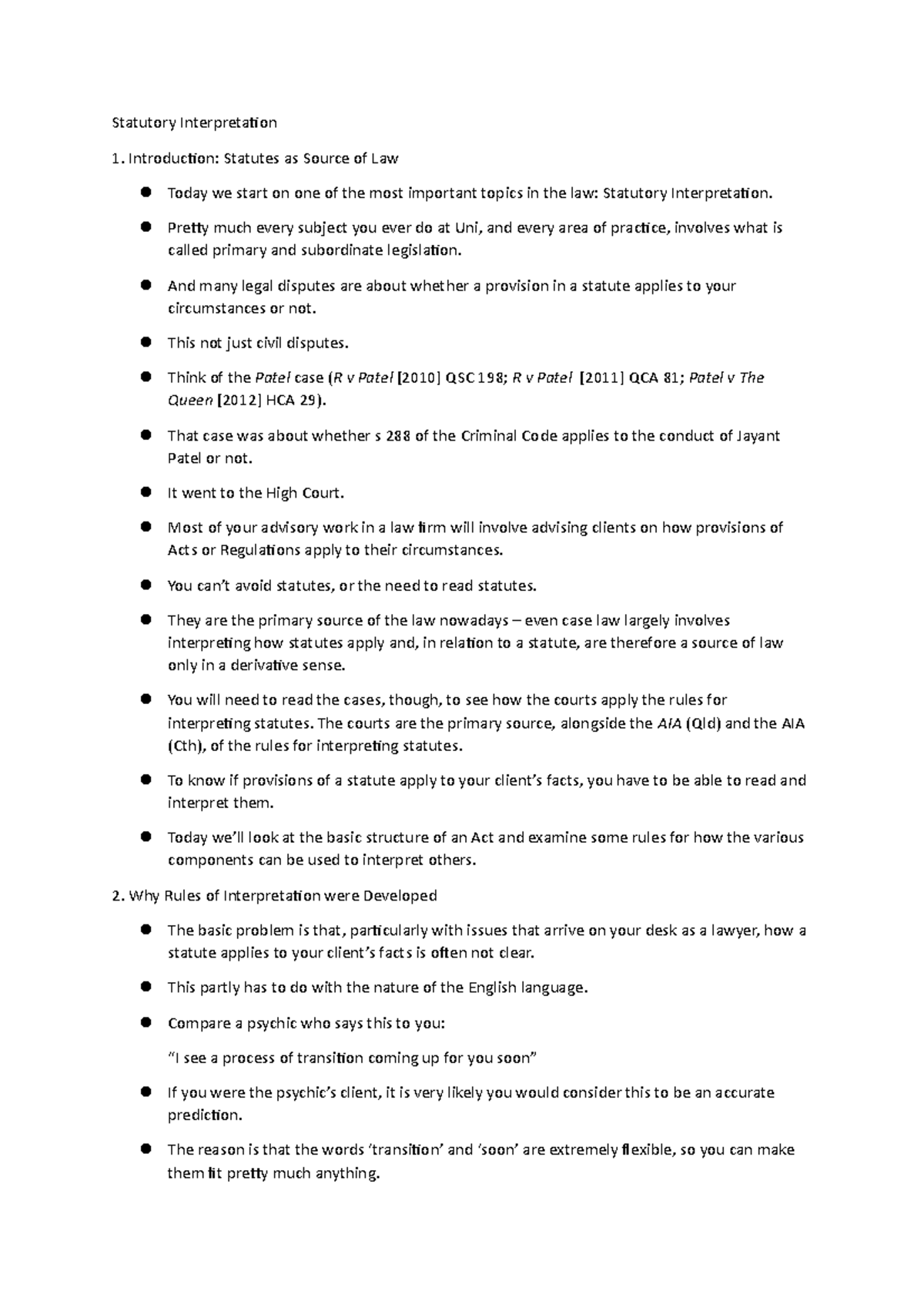 LLH201 Week 3 - Notes - Statutory Interpretation Introduction: Statutes ...