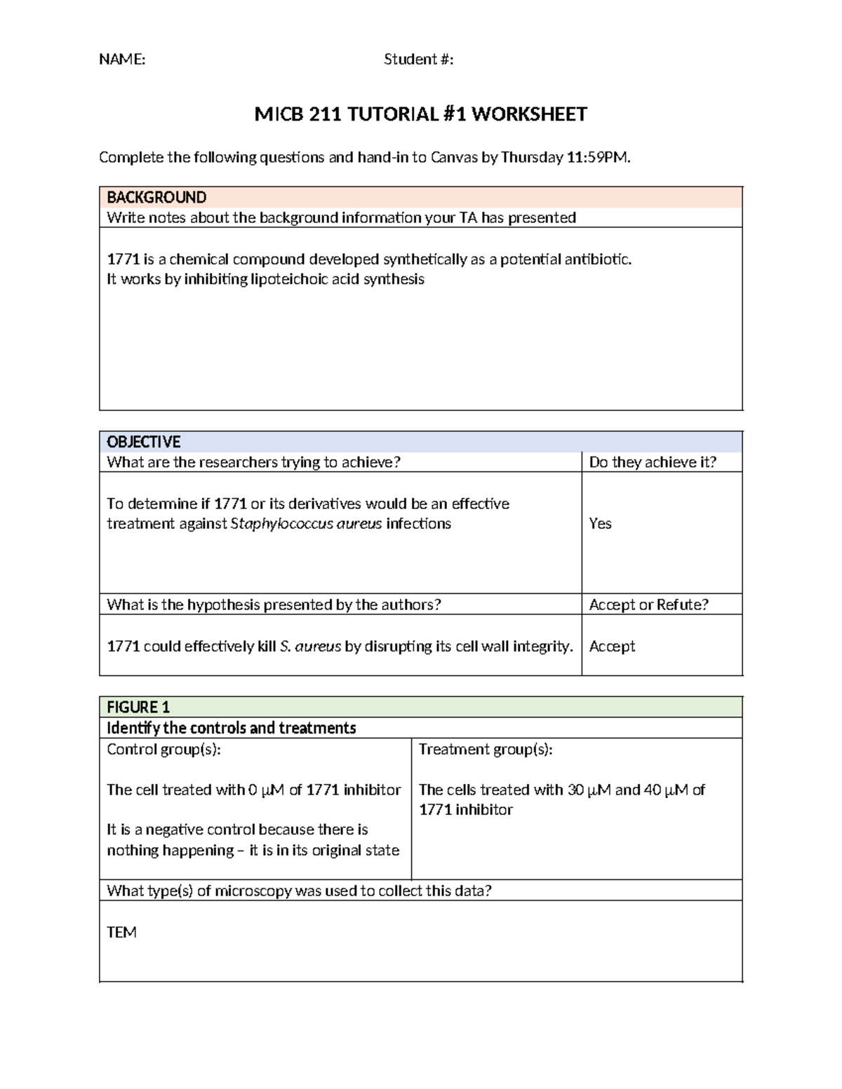 MICB211 Tutorial 1 Worksheet - NAME: Student #: MICB 211 TUTORIAL #1 WORKSHEET Complete the ...