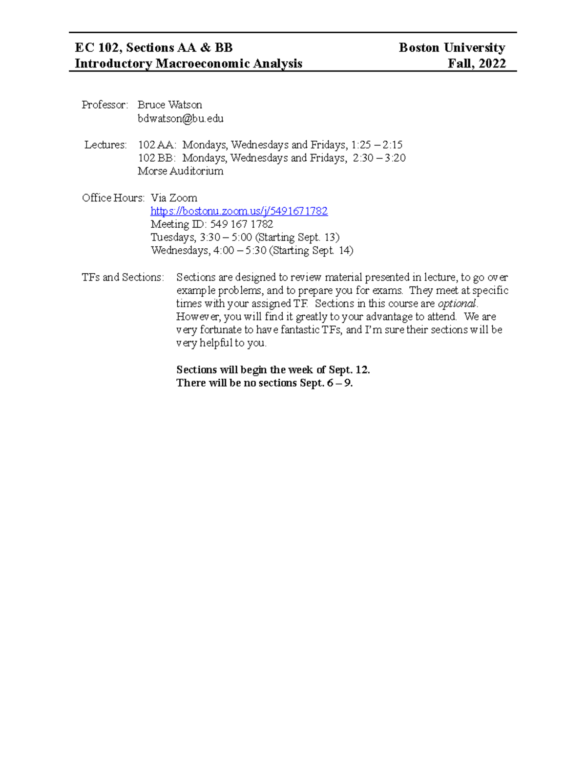 1 EC 102 AA and BB, Fall 2022, Syllabus - Professor: Bruce Watson ...