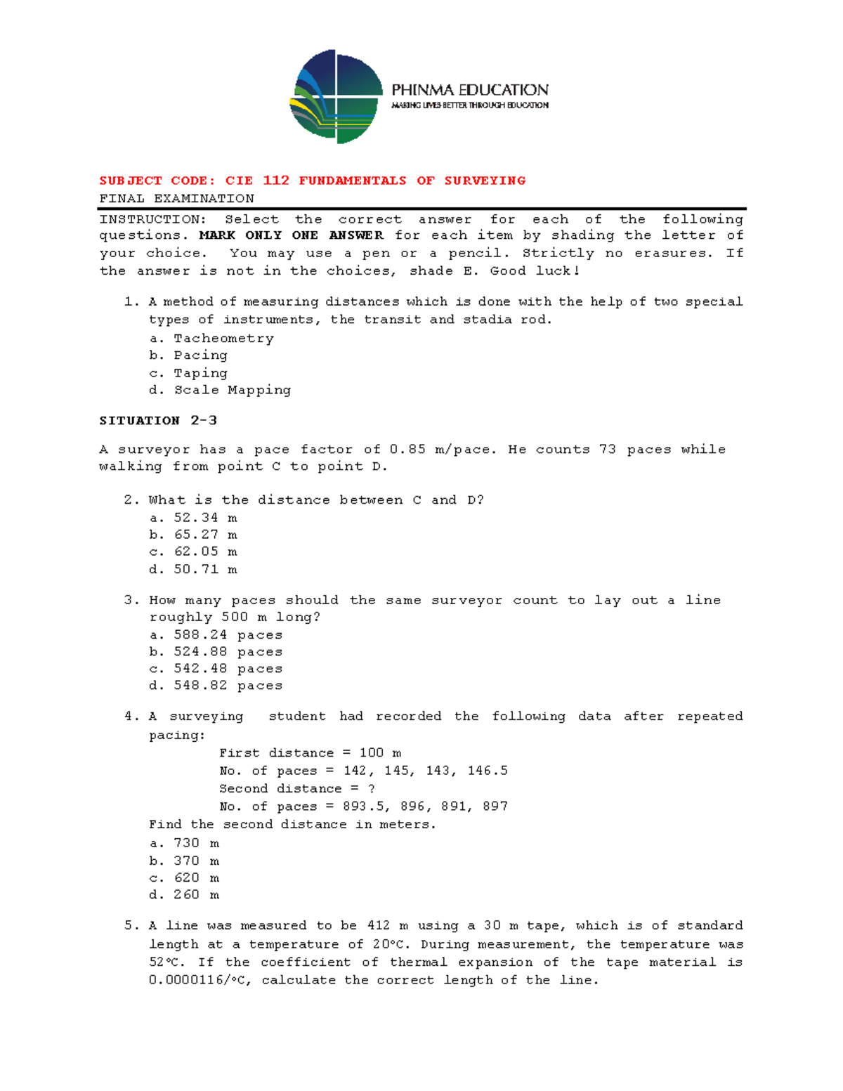 CIE 112 CFE Reviewer - SUBJECT CODE: CIE 112 FUNDAMENTALS OF SURVEYING ...