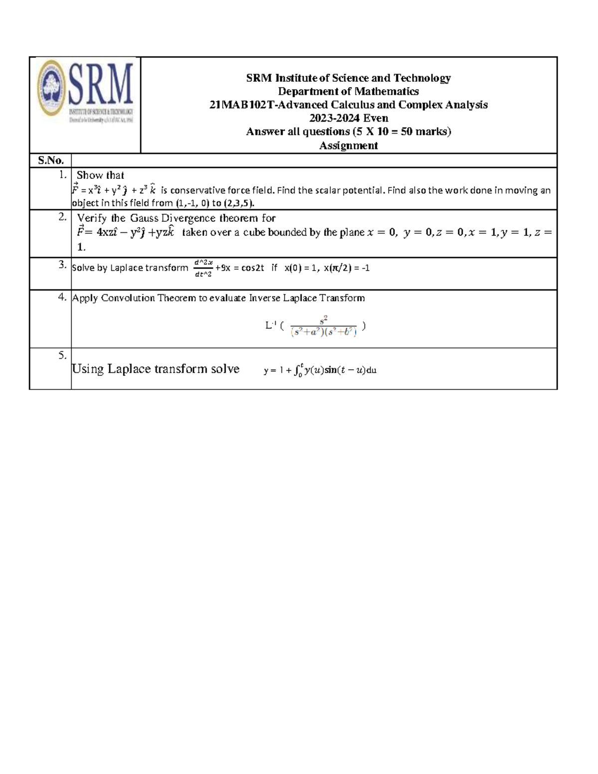 21mab102t Assignment 1 3 Srm Institute Of Science And Technology Department Of Mathematics