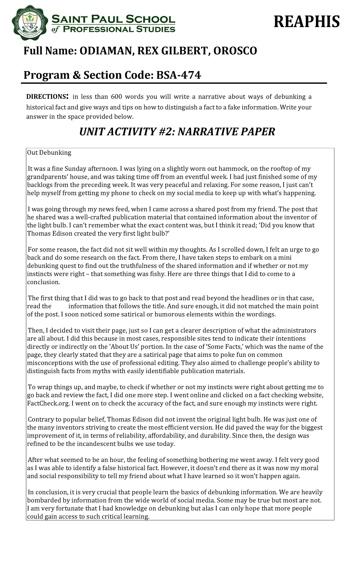 Reaphis UNIT 2 Assignment - REAPHIS Full Name: ODIAMAN, REX GILBERT ...