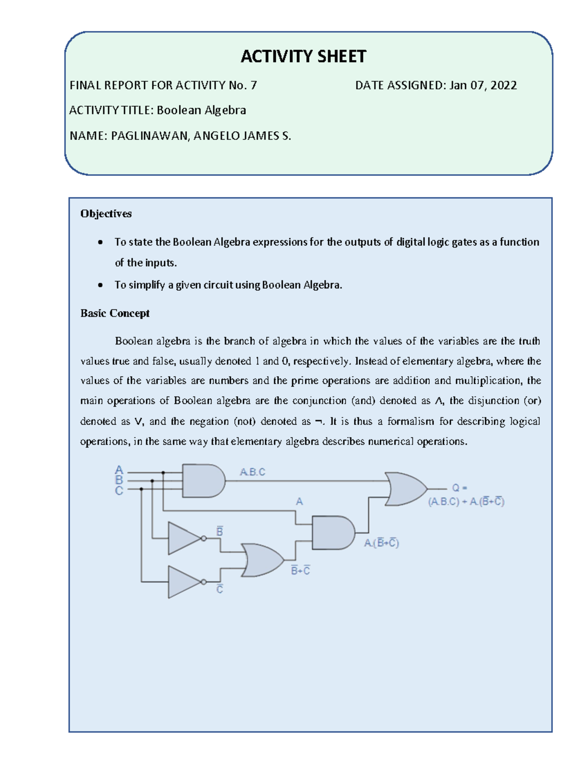 Final Report for Activity 7 Boolean Algebra (Paglinawan) - ACTIVITY ...