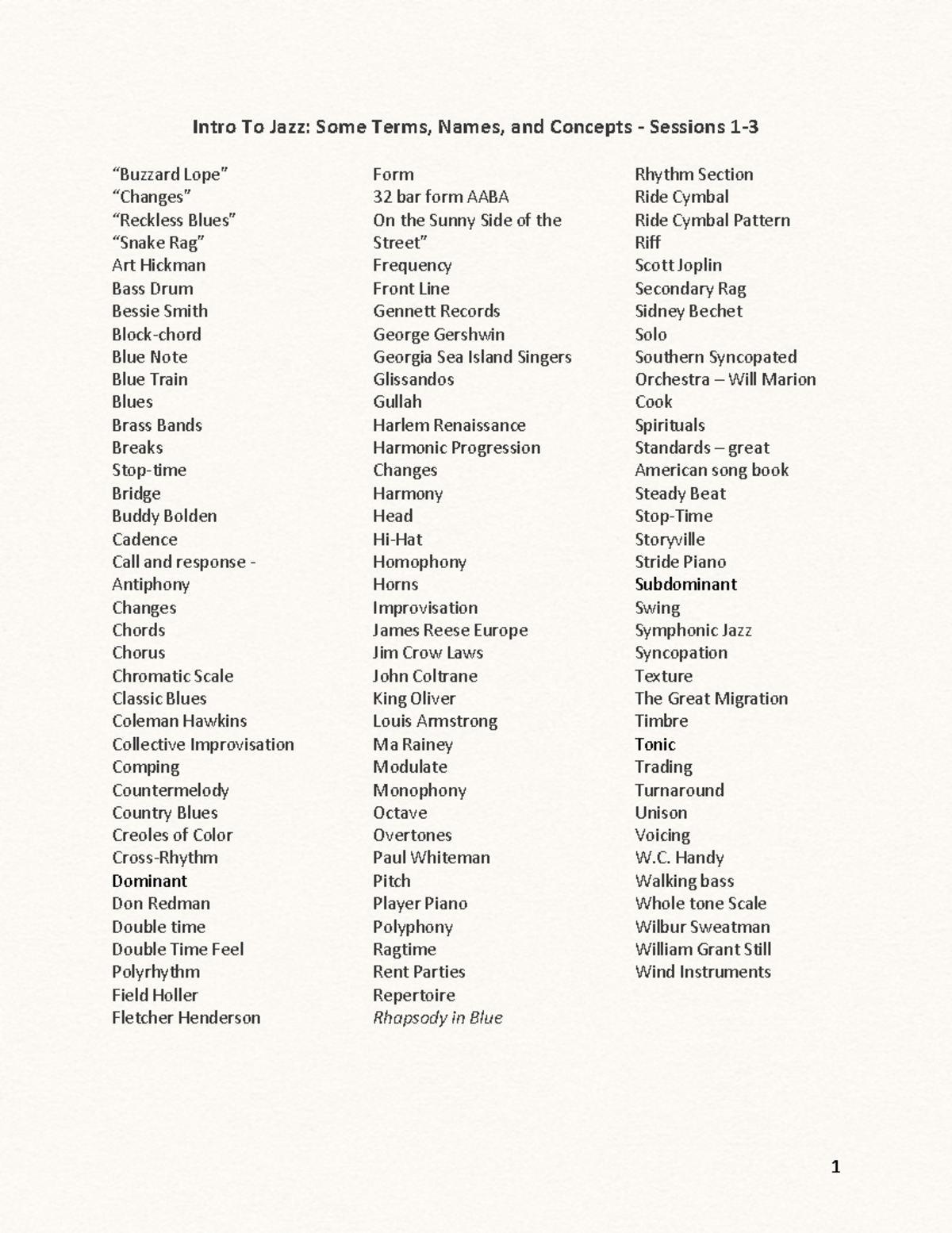 Some Terms, Names, Concepts sessions 1-3 - 1 Intro To Jazz: Some Terms ...