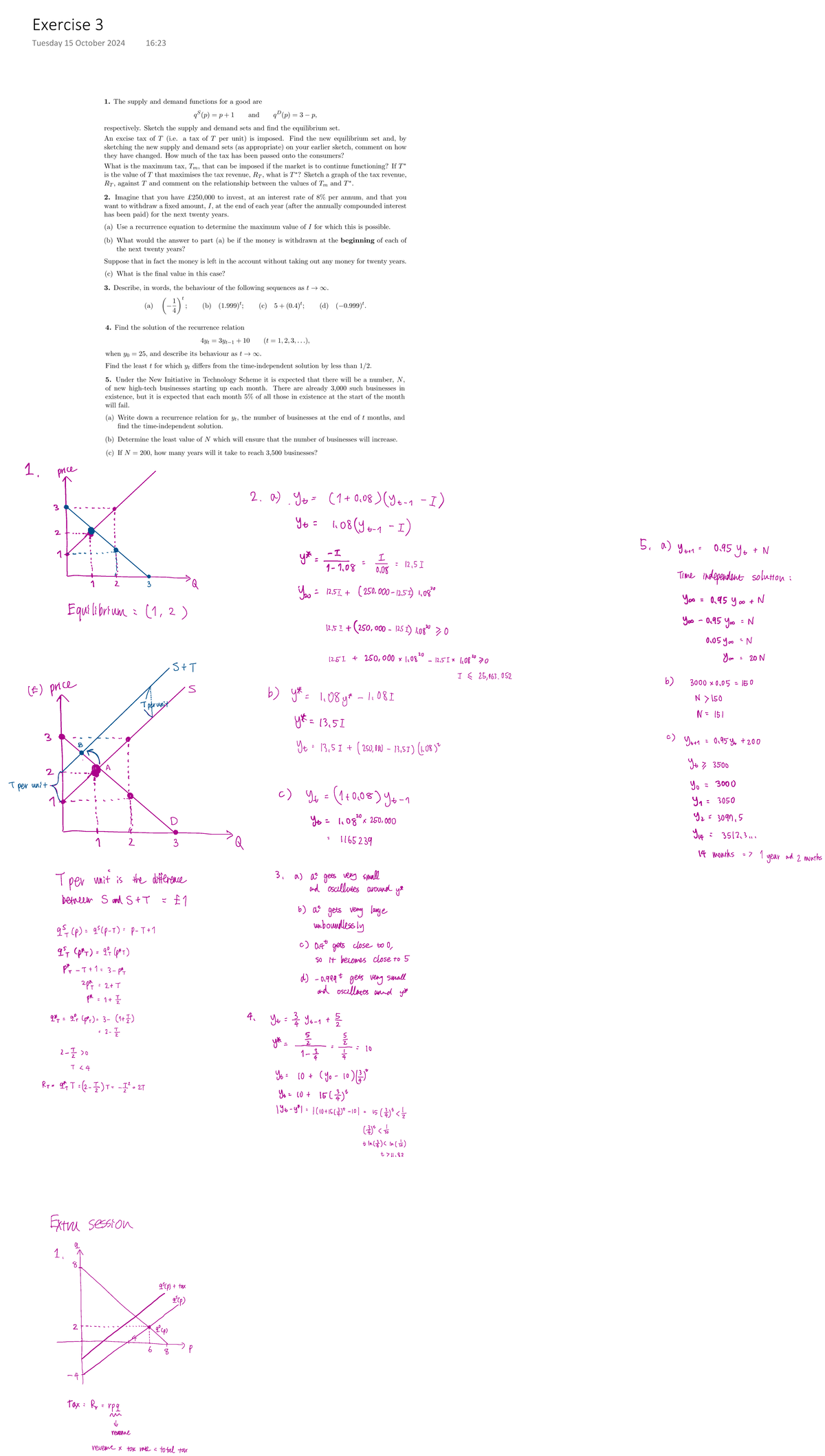 Exercise 3 - Exercise 3 Tuesday 15 October 2024 16:23 1. The supply and demand functions for ...