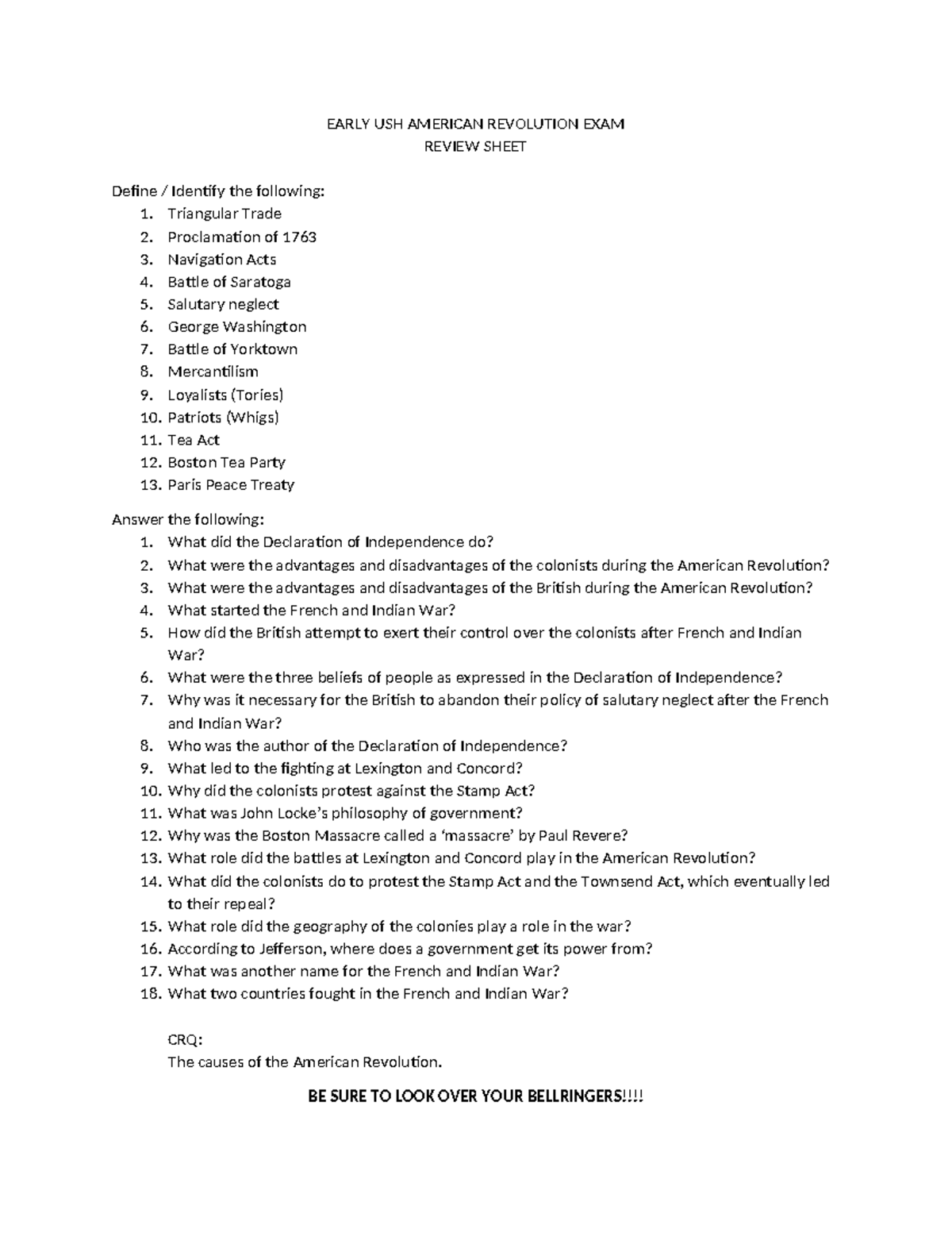 Exam Am Rev review sheet - EARLY USH AMERICAN REVOLUTION EXAM REVIEW ...