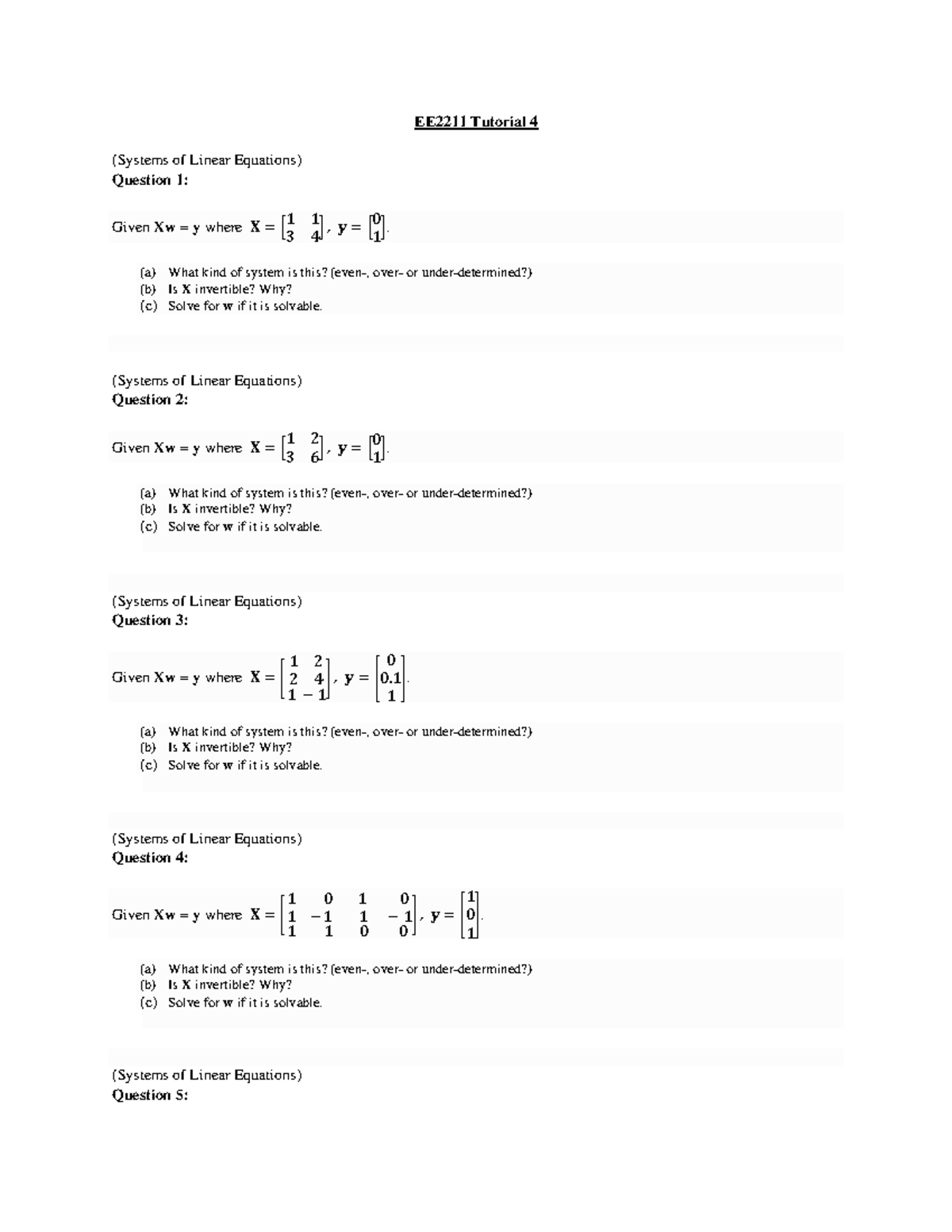 Tutorial 4 Questions - EE2211 Tutorial 4 (Systems of Linear Equations ...