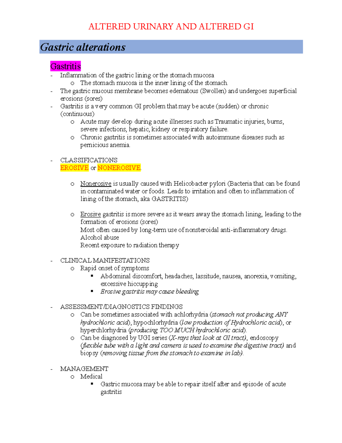 UNIT-IV- Gastritis - ALTERED URINARY AND ALTERED GI Gastric alterations ...