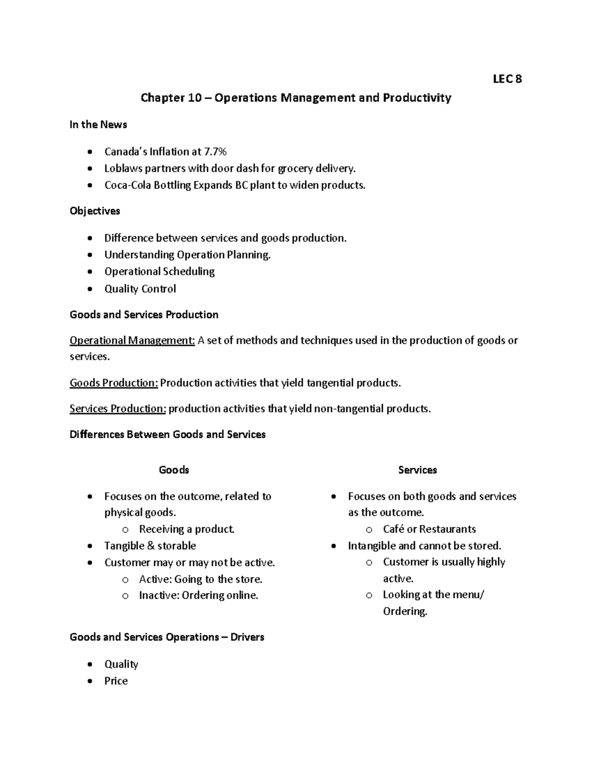 ADM1100 Chapter 10-11 - LEC 8 Chapter 10 – Operations Management and ...