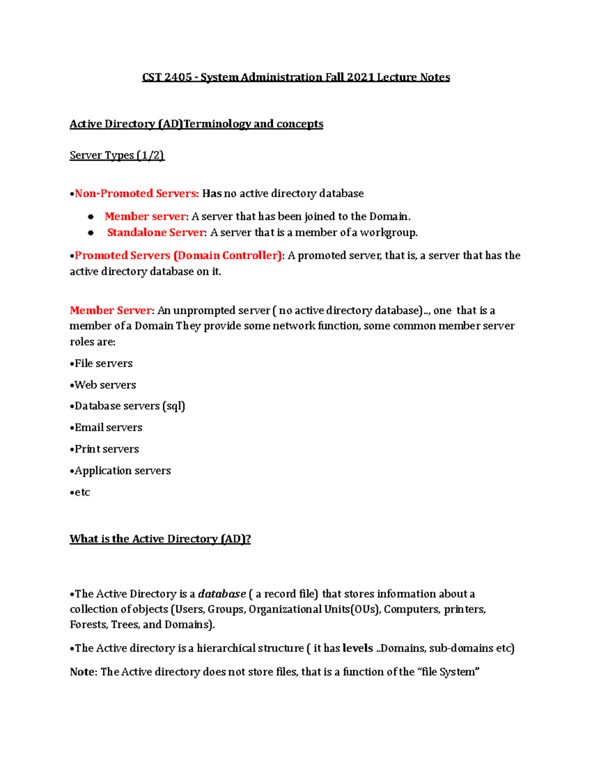 CST 2405 - System Administration Fall 2021 Lecture Notes Part 1 - Studocu
