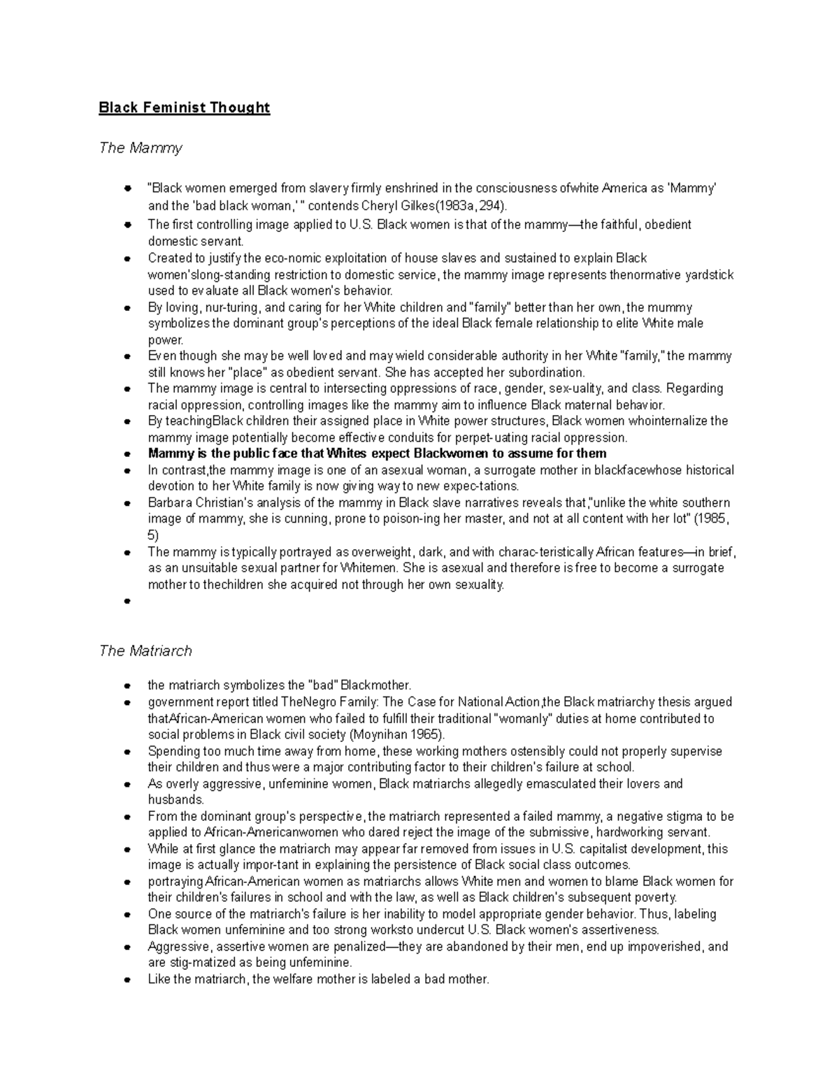 Literary review Notes - Black Feminist Thought The Mammy “Black women ...